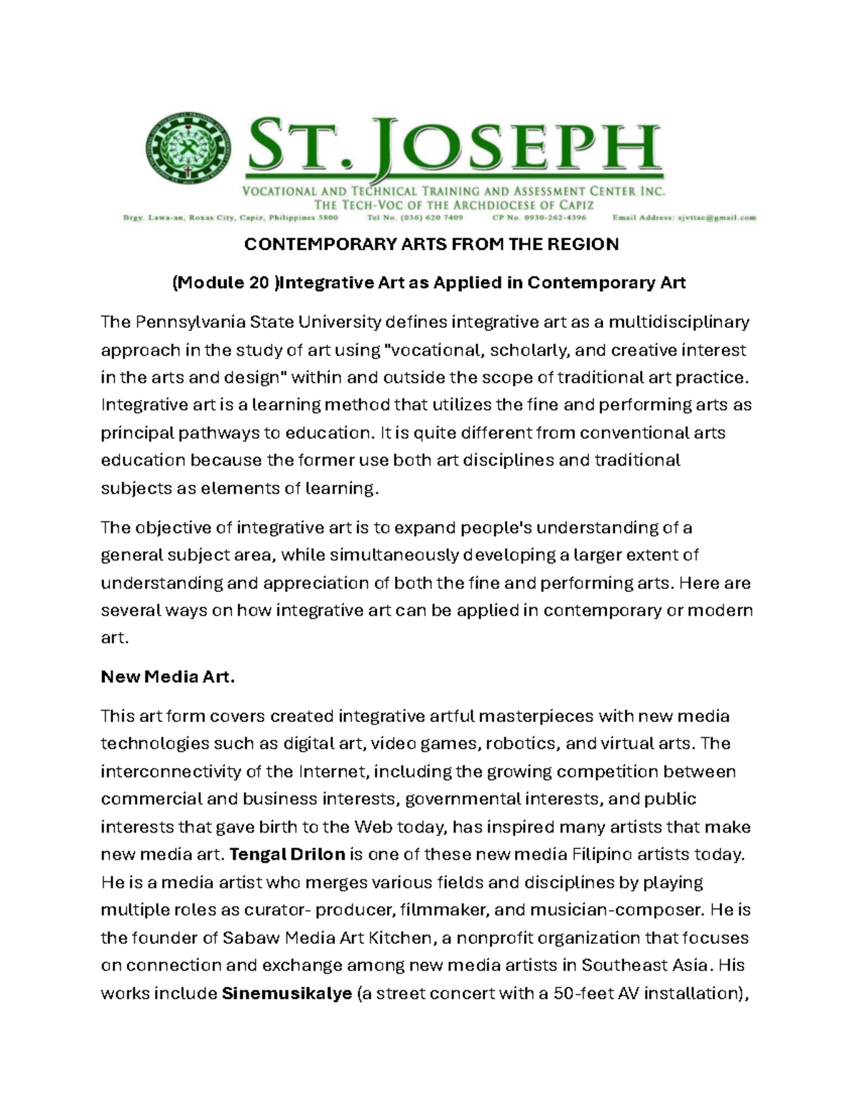 CPAR- Module-20 - good - CONTEMPORARY ARTS FROM THE REGION (Module 20 ...