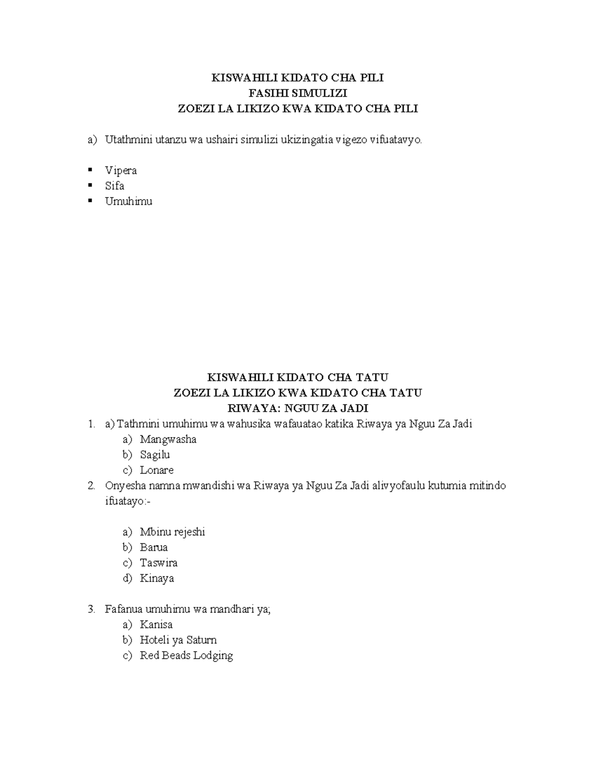 Fasihi - KISWAHILI KIDATO CHA PILI FASIHI SIMULIZI ZOEZI LA LIKIZO KWA ...