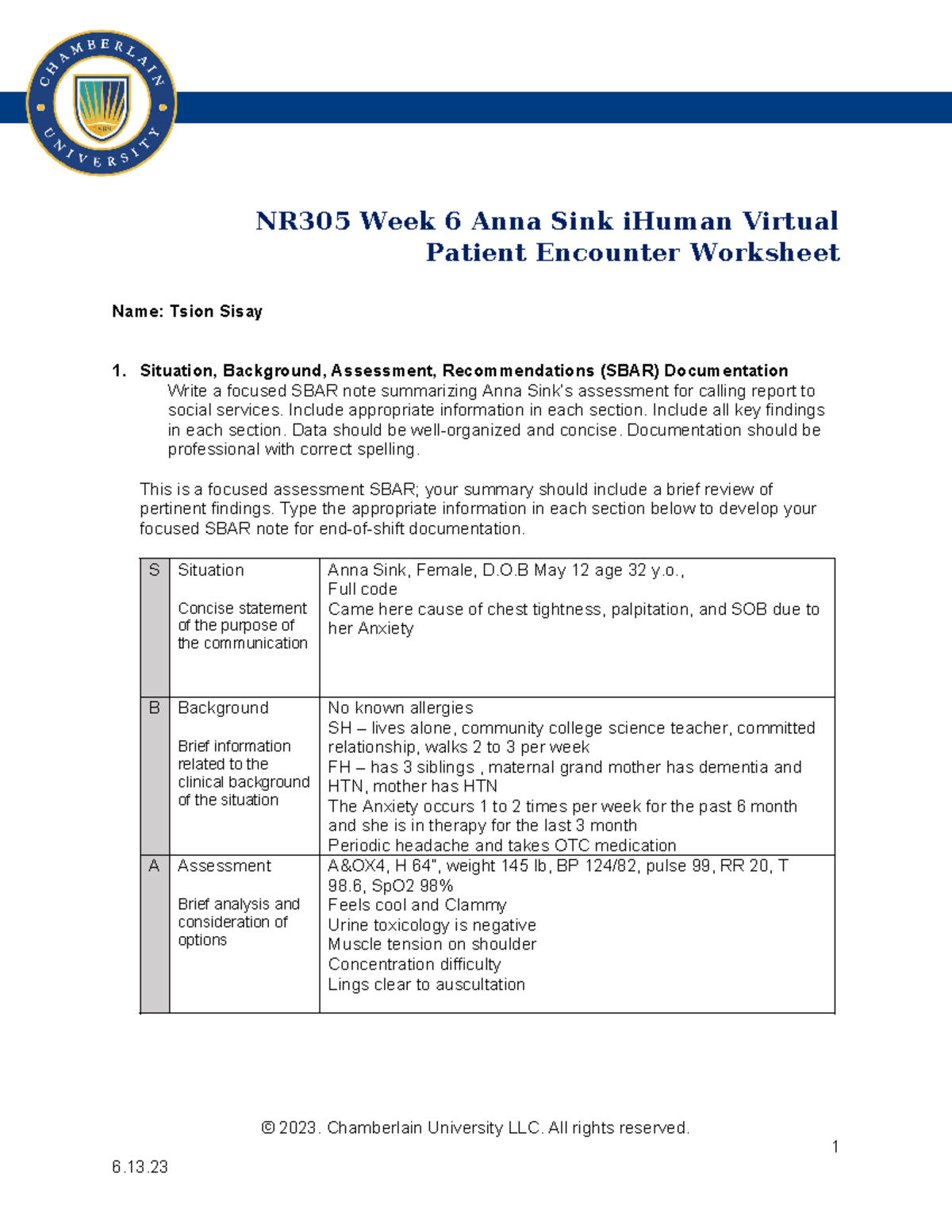 Week6 NR305 Anna Sink i Human Virtual Patient Encounter Worksheet Template v2 - NR305 Week 6 ...