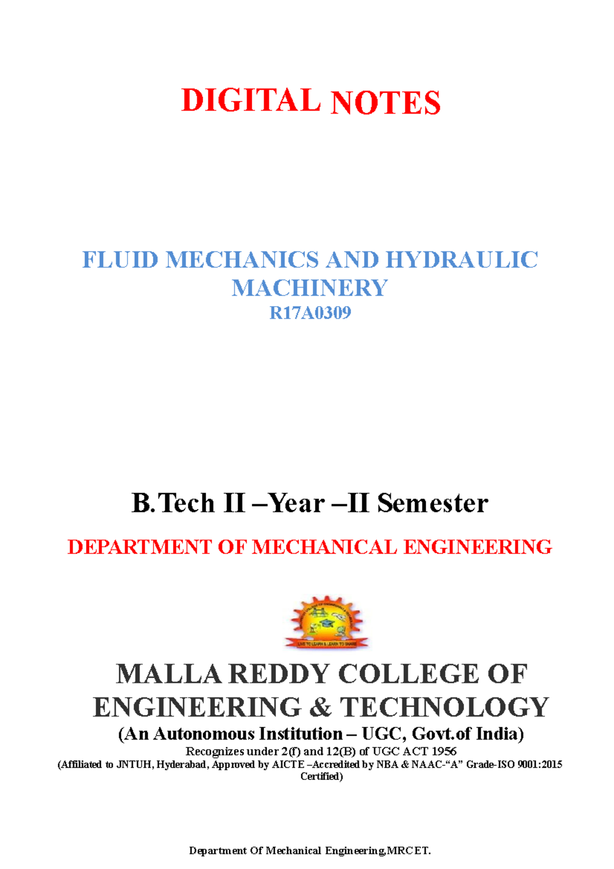 FMHM Digital Notes - Department Of Mechanical Engineering,MRCET ...