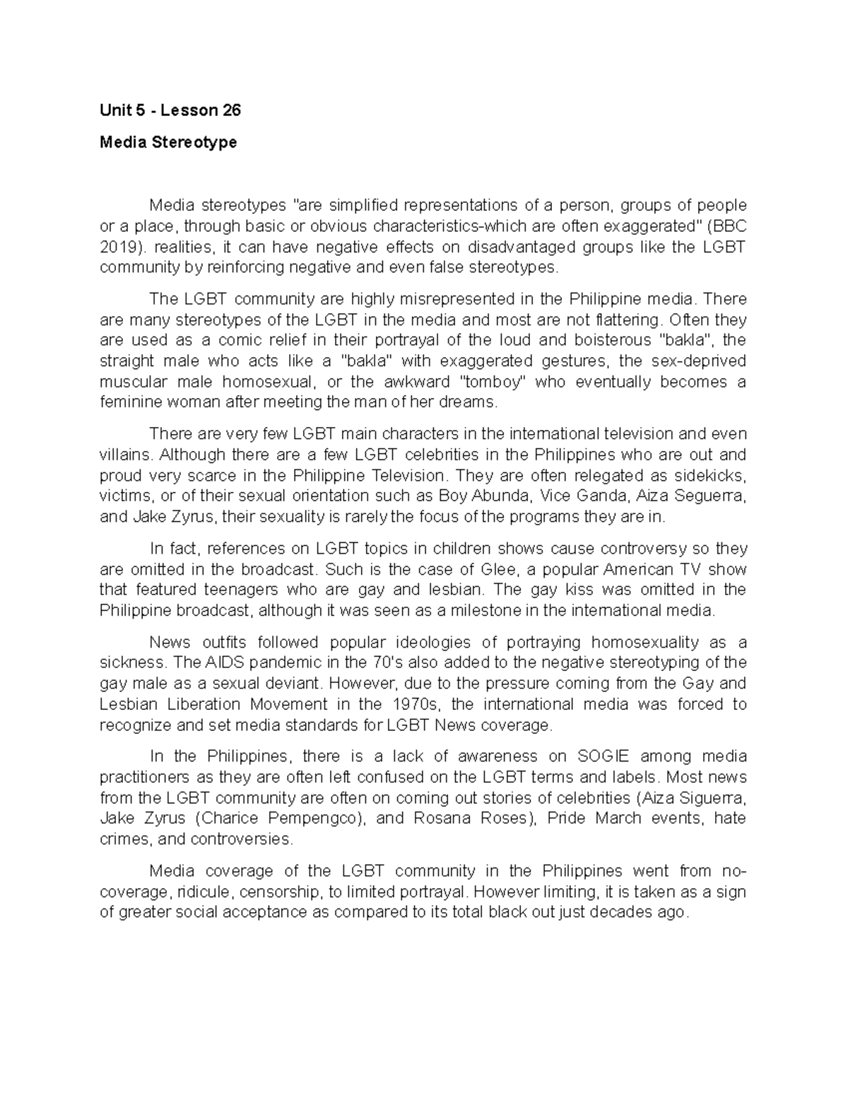 Media Stereotype - Unit 5 - Lesson 26 Media Stereotype Media ...