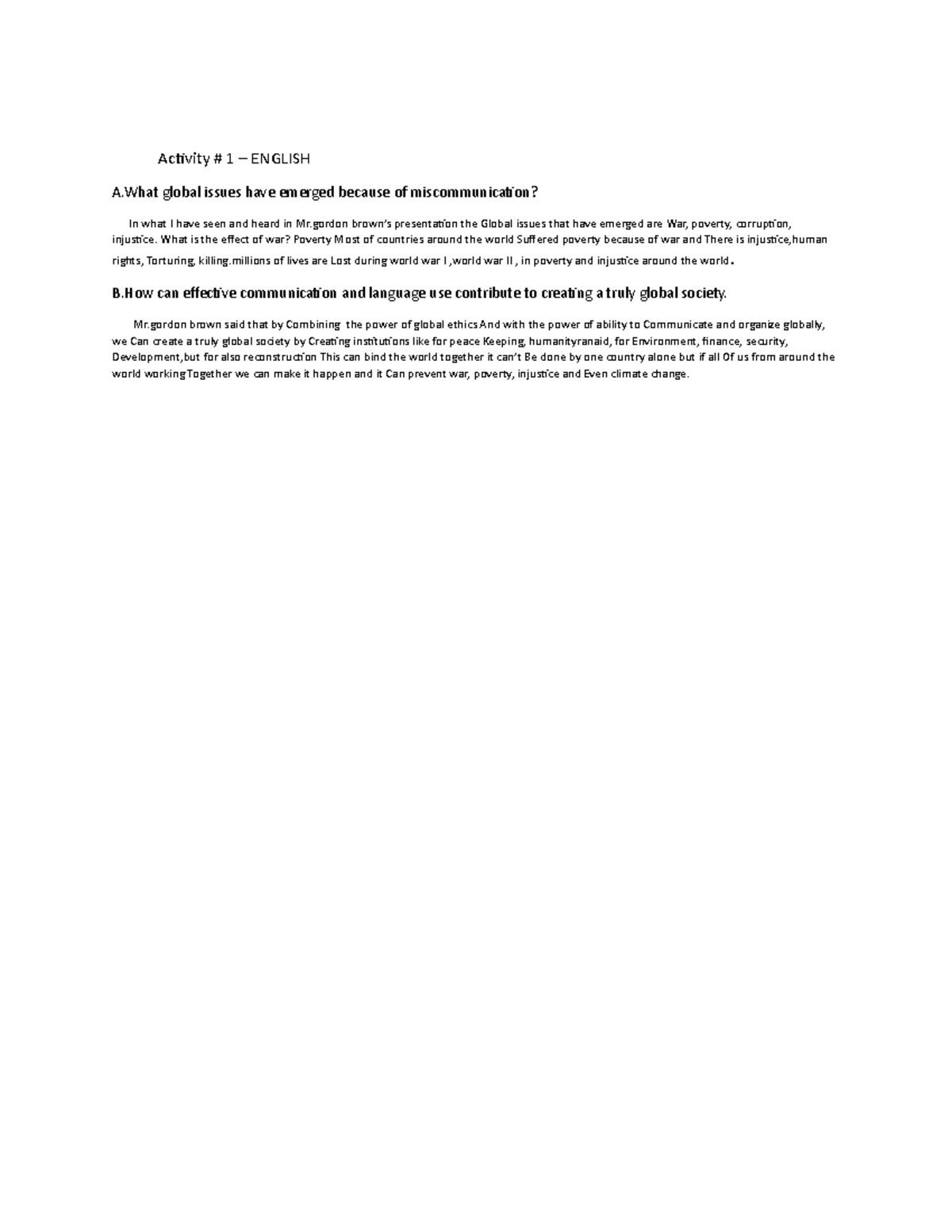 English Reaction Paper - Activity # 1 – ENGLISH A global issues have ...