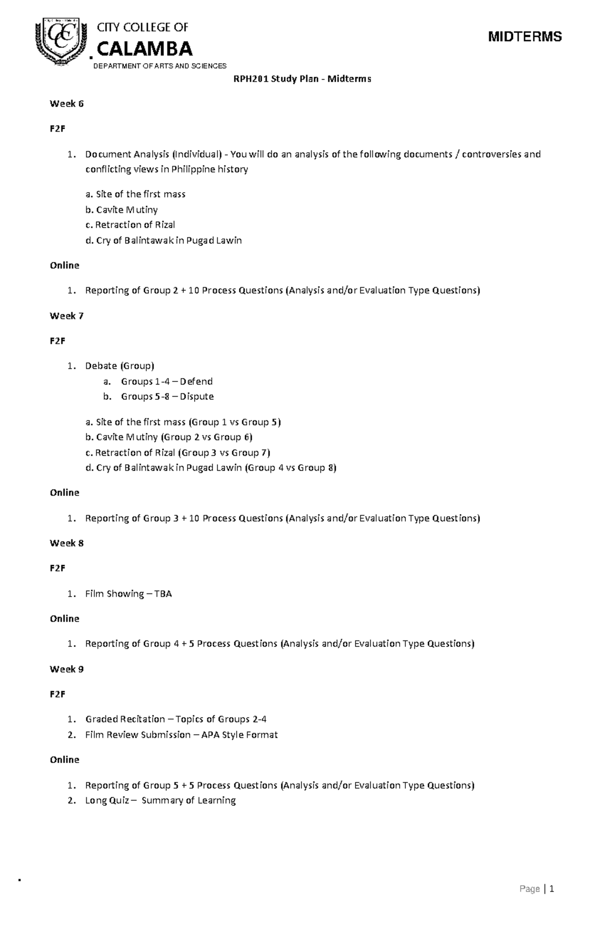 RPH- Midterms- Study-PLAN - Page | 1 CITY COLLEGE OF CALAMBA DEPARTMENT OF ARTS AND SCIENCES ...