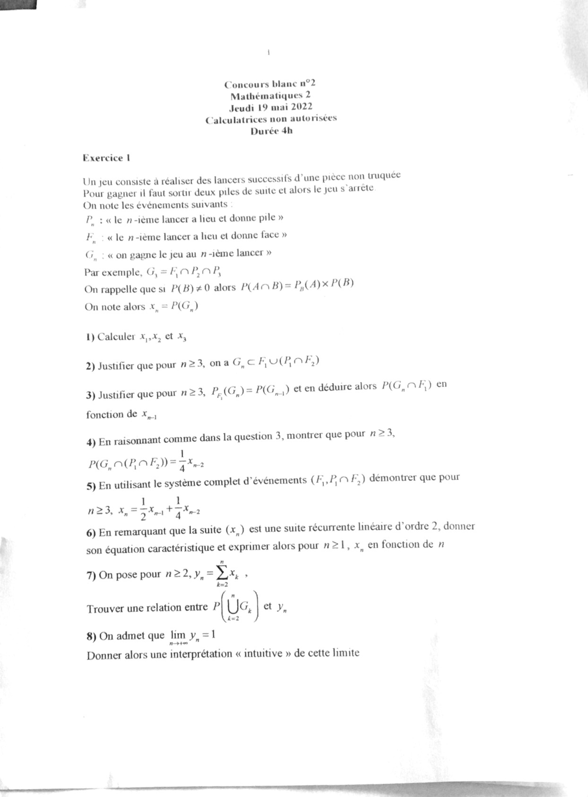 Concours Blanc 2 Math 2 - Mathématique - Studocu