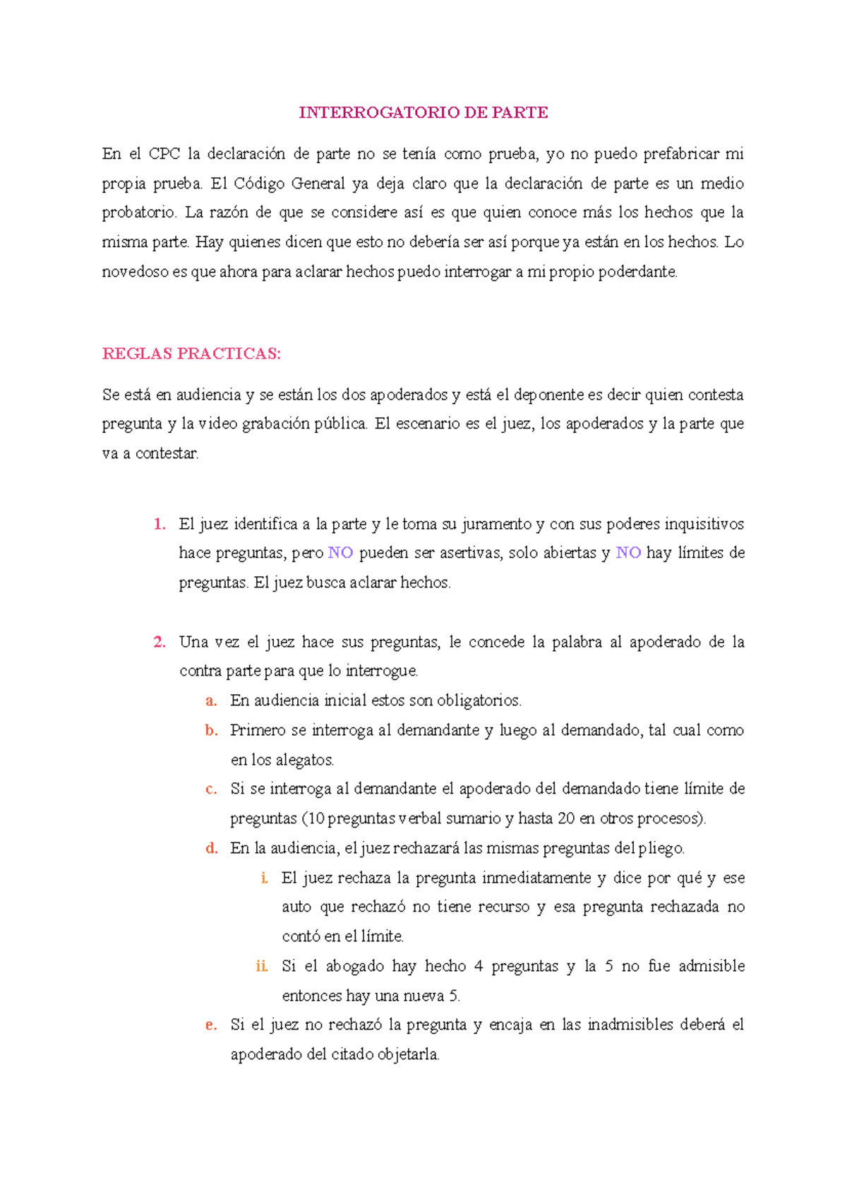 Interrogatorio de parte - INTERROGATORIO DE PARTE En el CPC la de parte ...