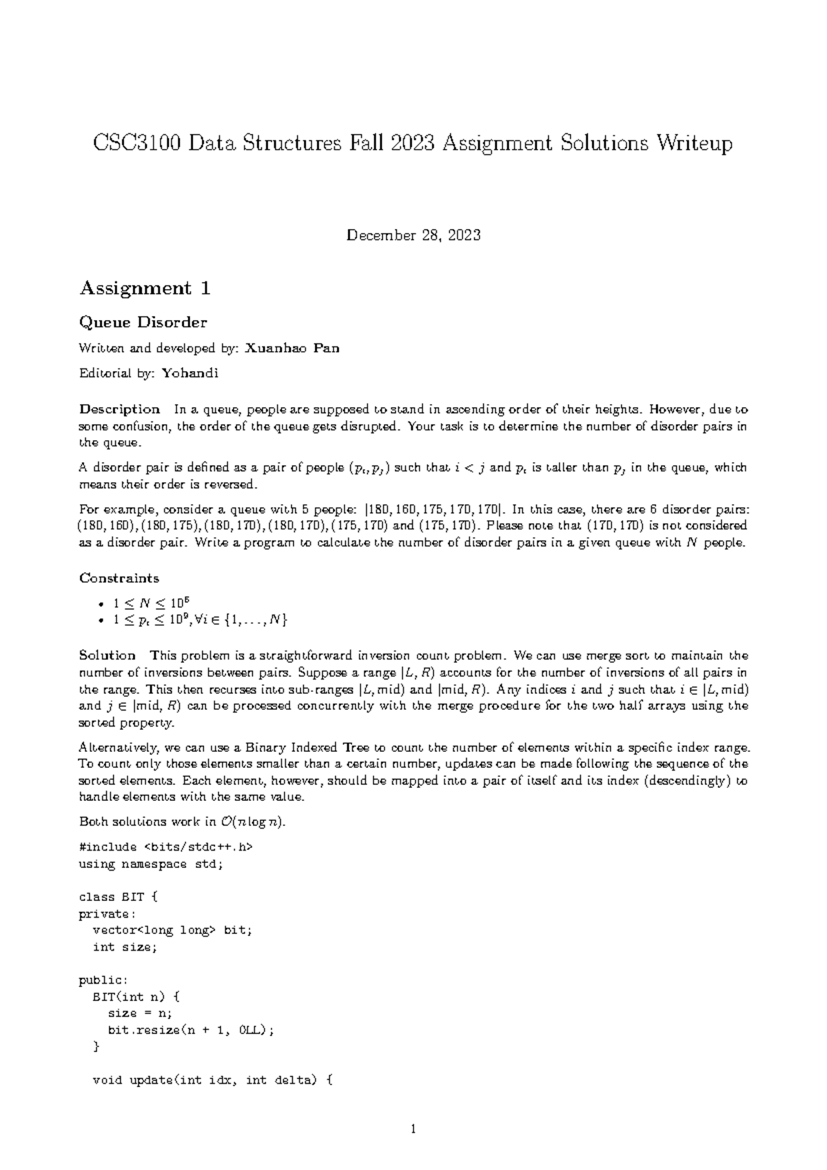 Assignment Solutions Writeup - CSC3100 Data Structures Fall 2023 Assignment Solutions Writeup ...