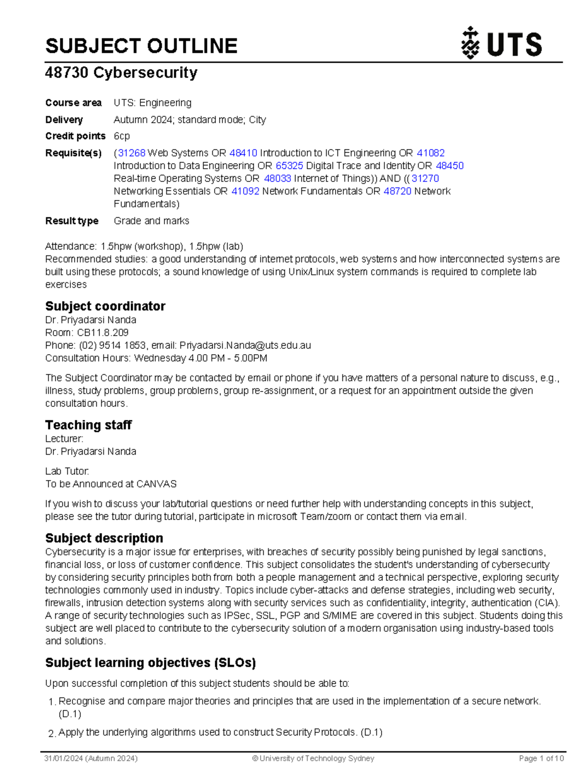 Cybersecurity Subject Outline 2024 - SUBJECT OUTLINE 48730 ...