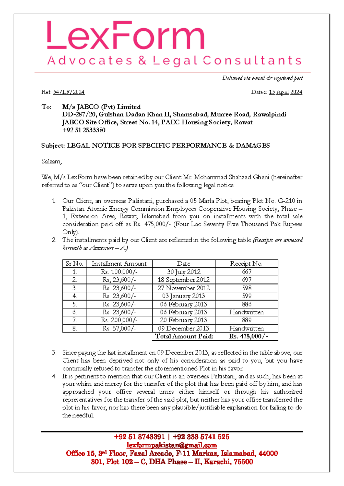 Legal Notice Sample - Delivered via e-mail & registered post Ref. 54 ...