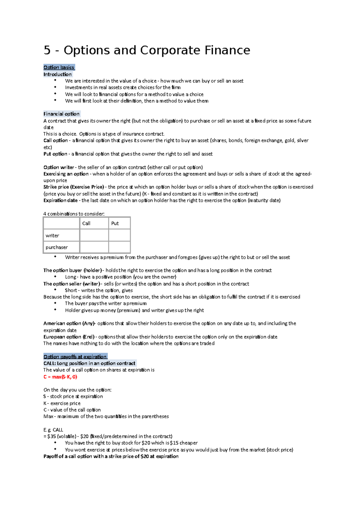 Part A - summary on options and real options with tutorial solutions ...