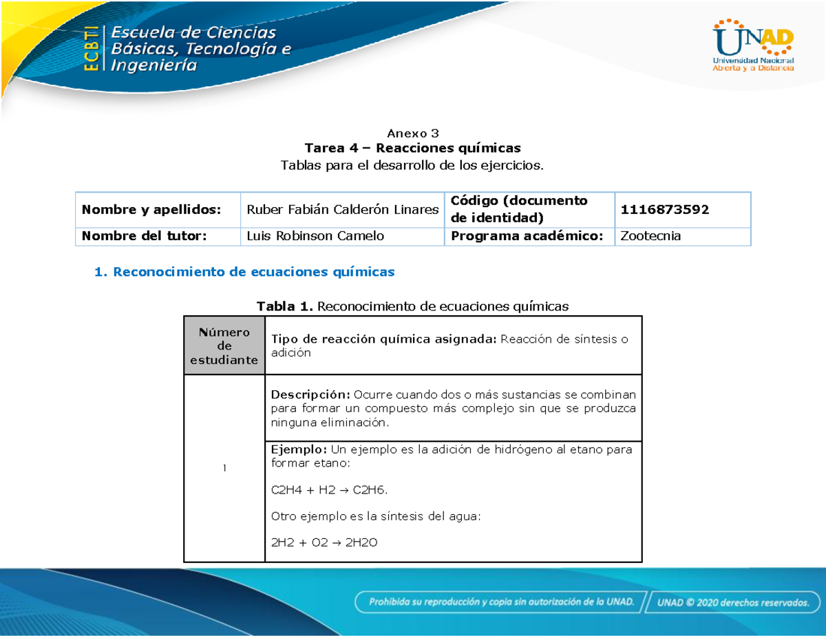 Tarea 4 Reacciones Quimicas - Anexo 3 Tarea 4 – Reacciones químicas Tablas para el desarrollo de ...