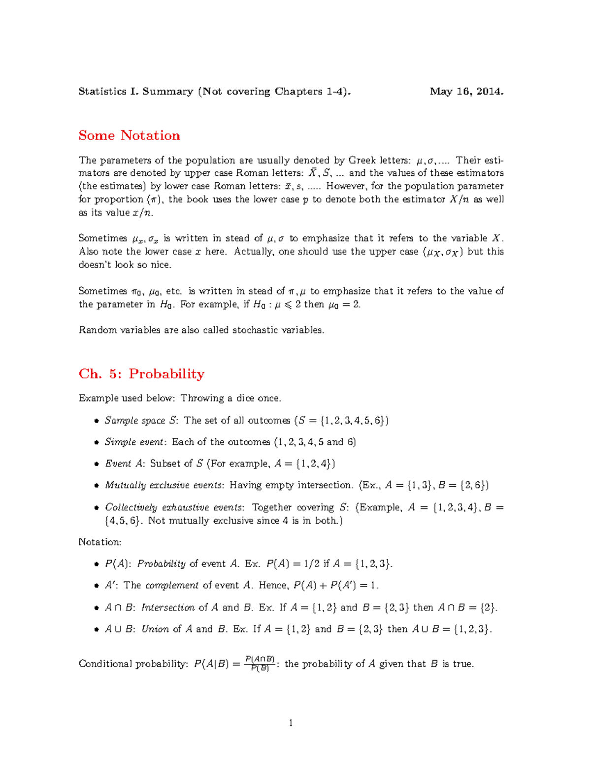 Summary Statistics I: Chapter 5-16 - Statistics I. Summary (Not ...