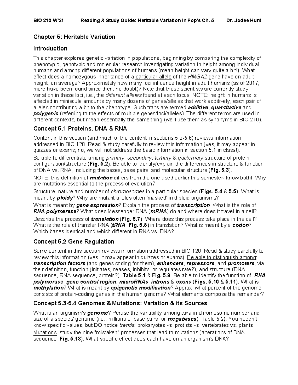 Reading & Study Guide- Heritable Variation in Populations - BIO 210 W ...