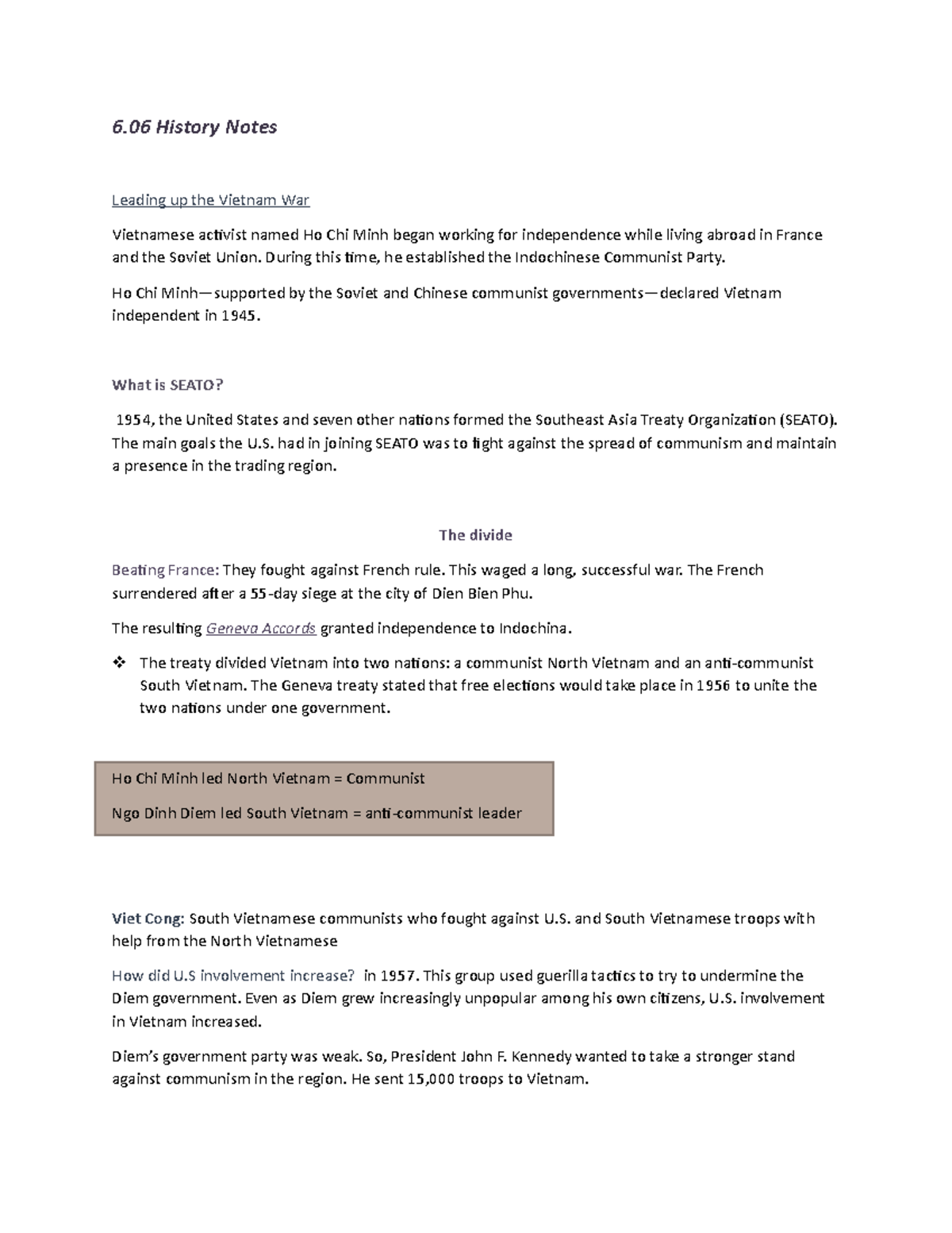 Hisotry notes 6.06 - 6.07 - 6 History Notes Leading up the Vietnam War ...