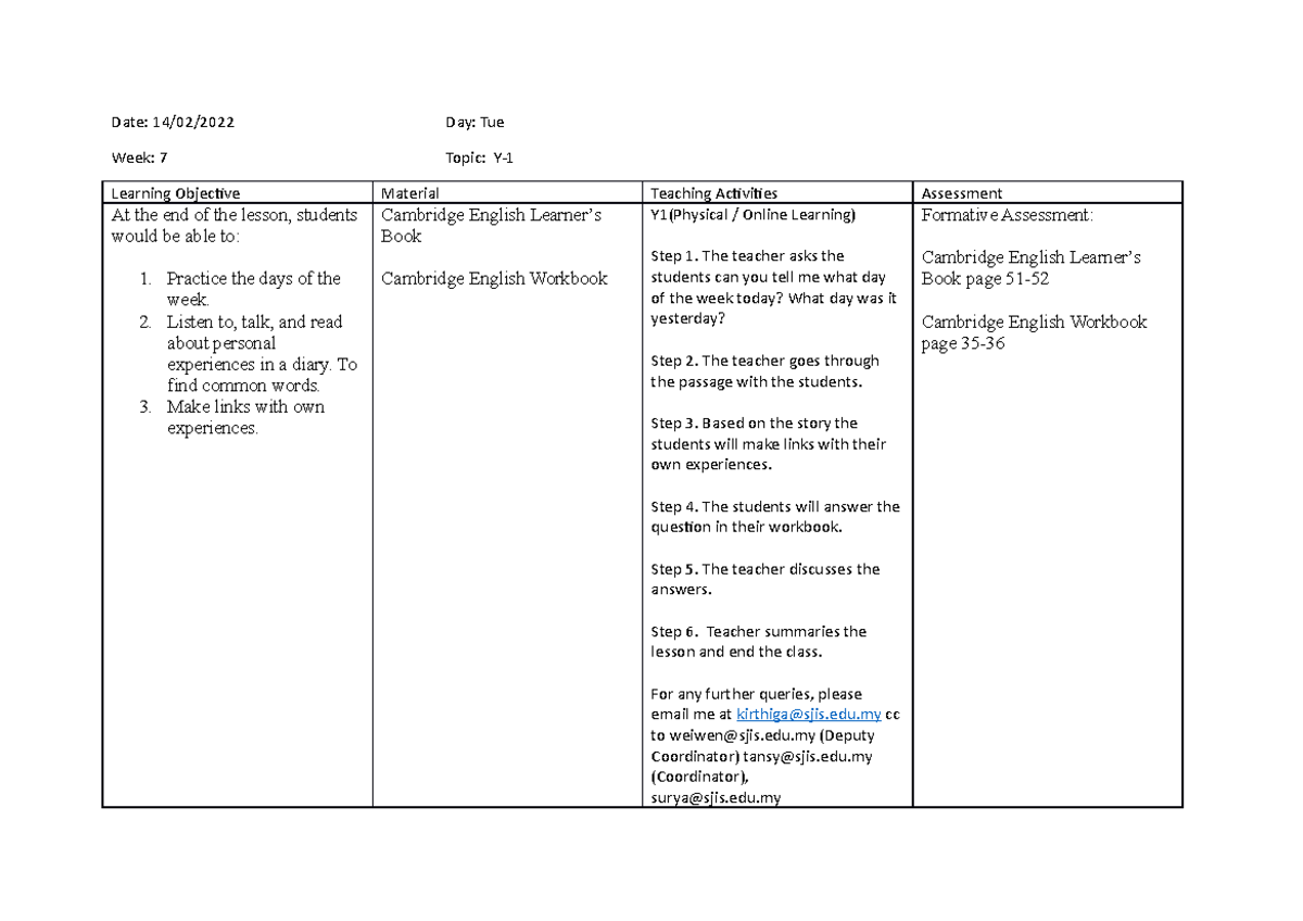 Y1W7S1 Tue - the lesson plan - Date: 14/02/2022 Day: Tue Week: 7 Topic ...