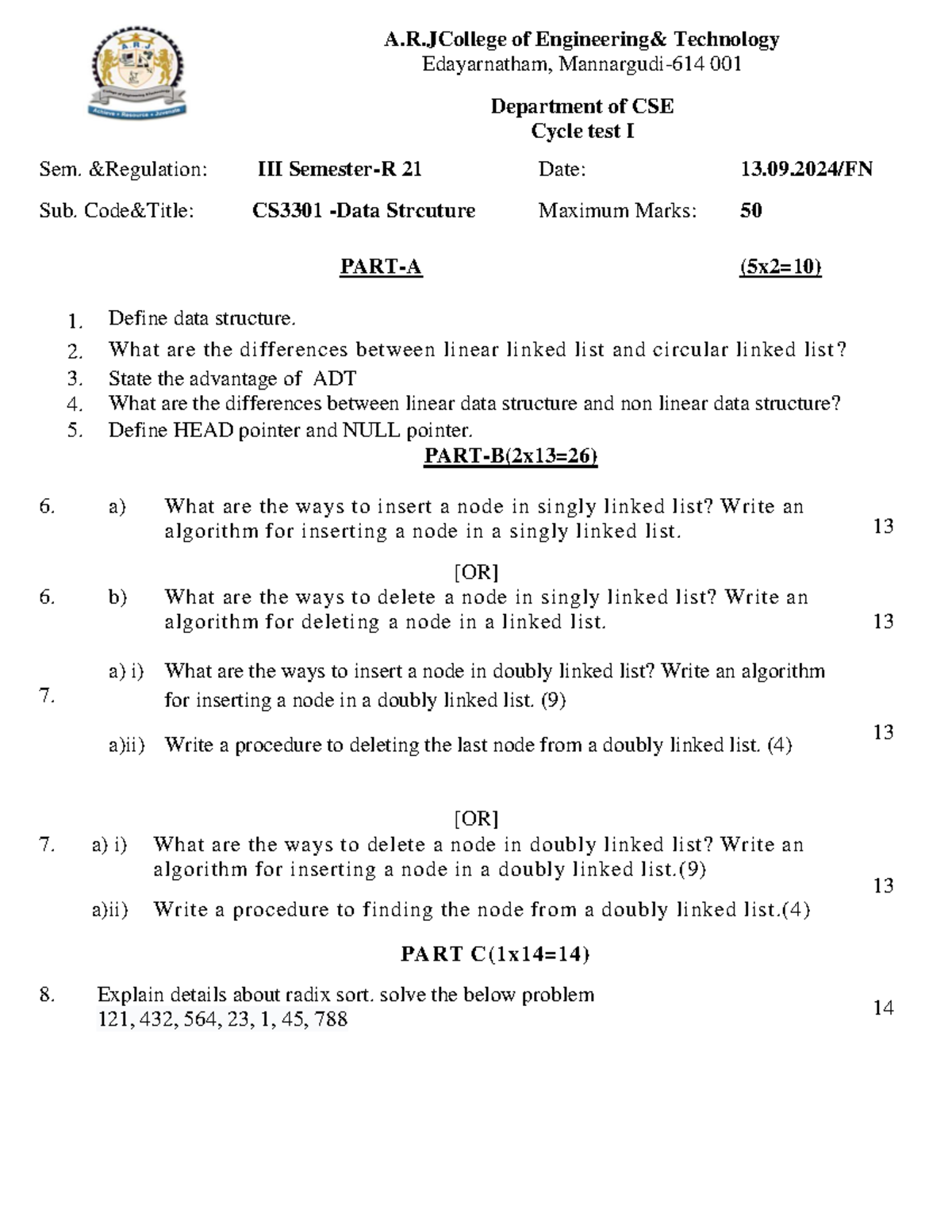 DATA Structure new 1+ - question papaer - A.R of Engineering ...