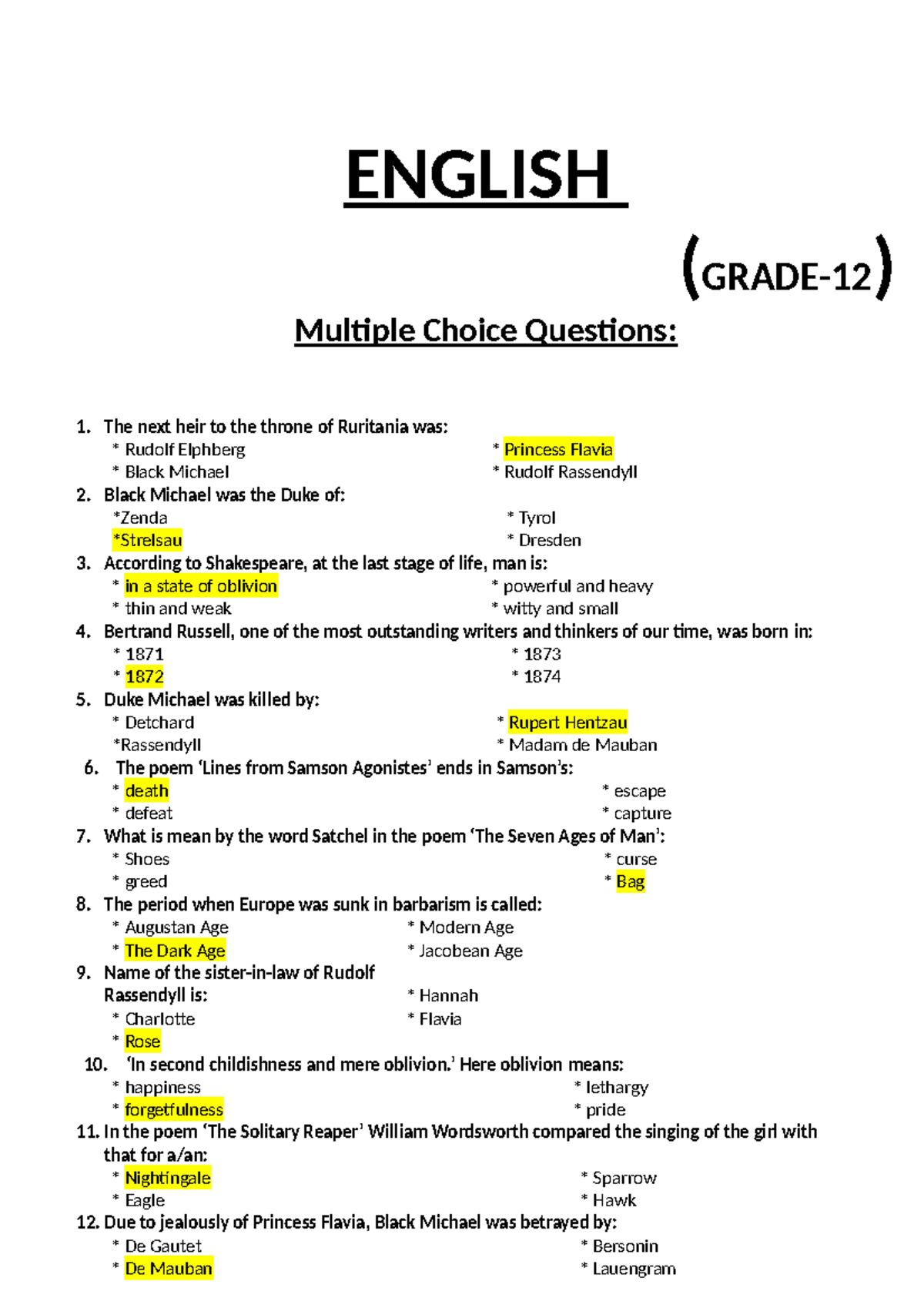 English - ENGLISH (GRADE-12) Multiple Choice Questions: The next heir ...