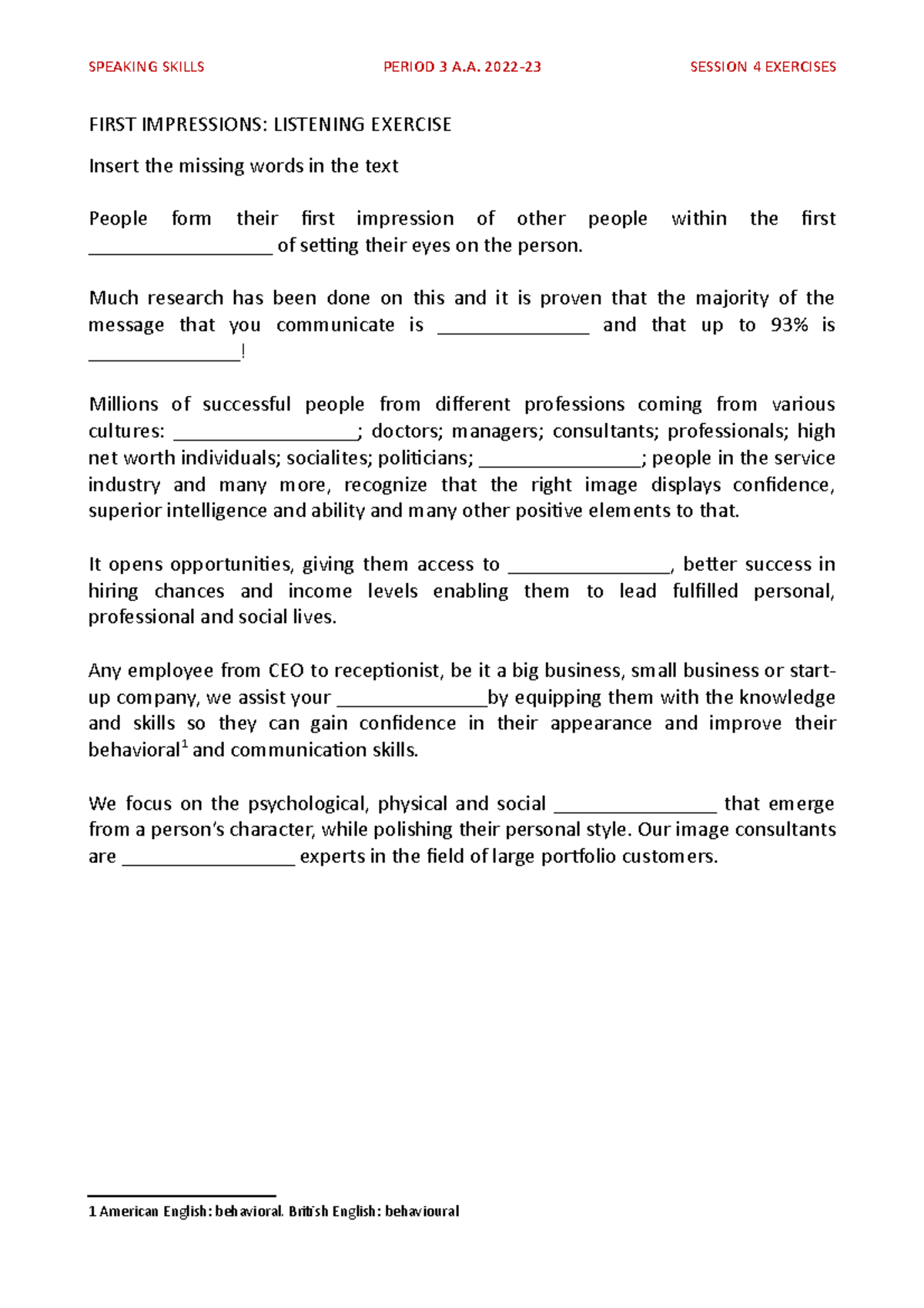 Session 4 First Impressions Exercises - SPEAKING SKILLS PERIOD 3 A ...