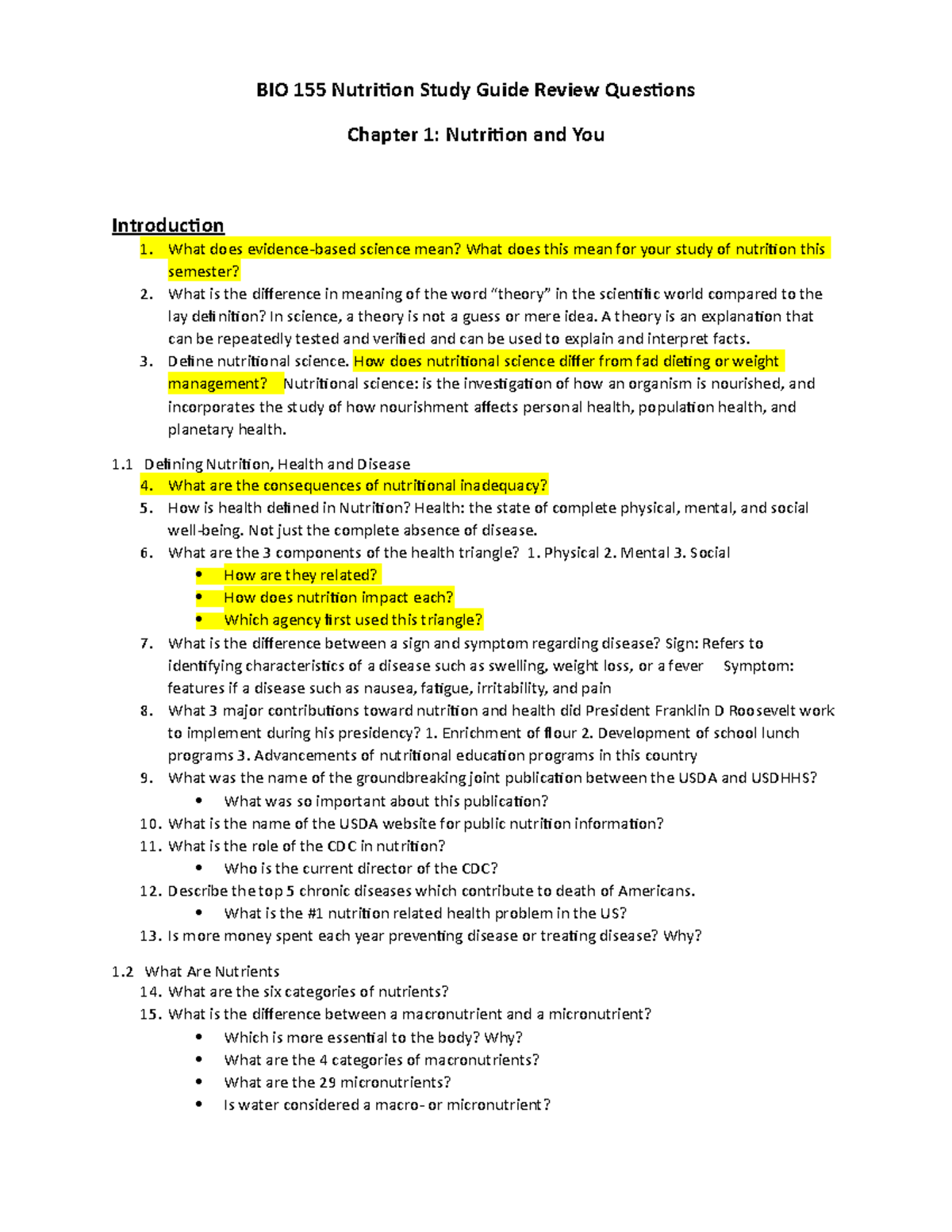BIO 155 Ch 01 Study Guide Review Questions Nutrition and You - Chapter ...