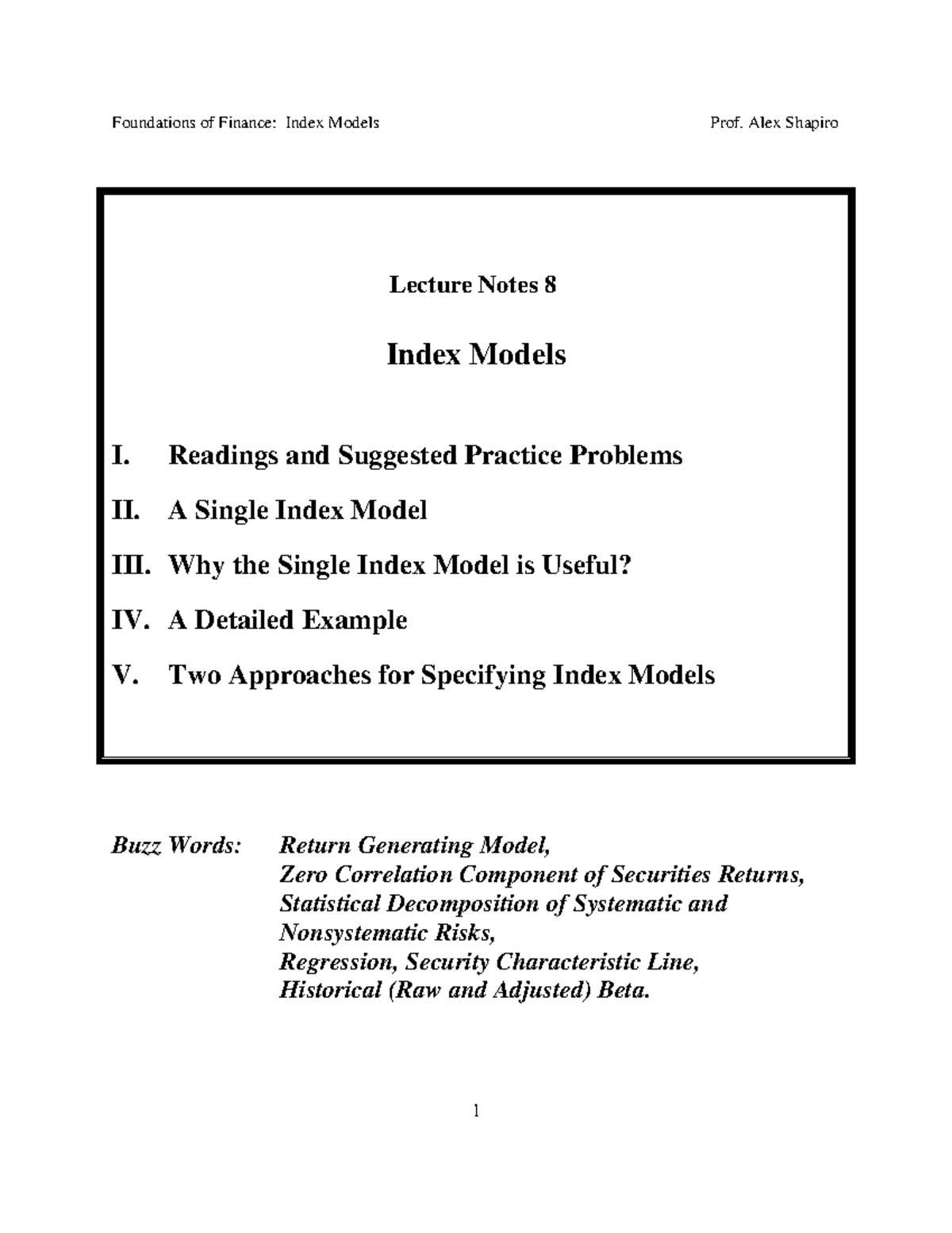 Index model revision - Foundations of Finance: Index Models Prof. Alex ...