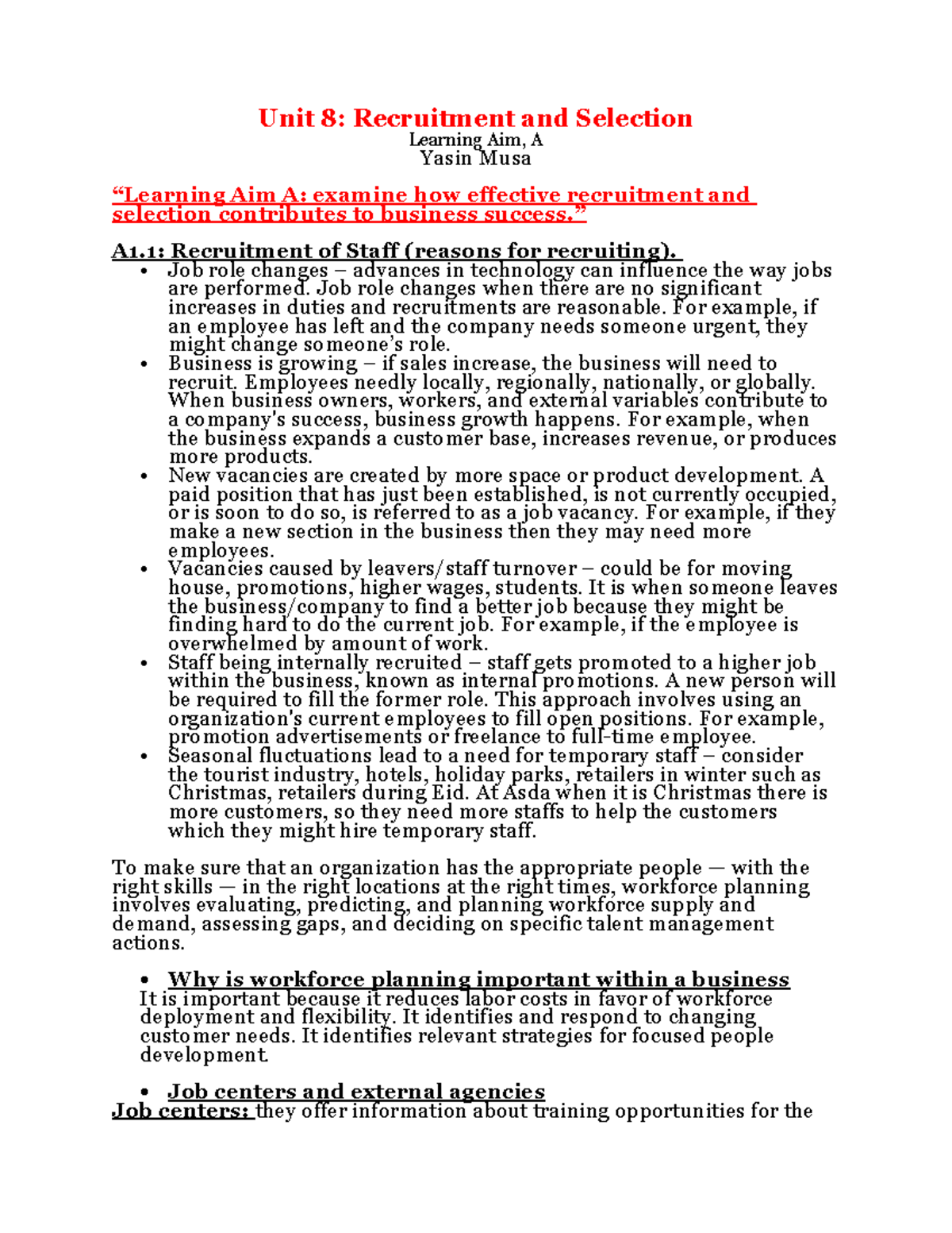 Assignment - N/A - Unit 8: Recruitment and Selection Learning Aim, A ...