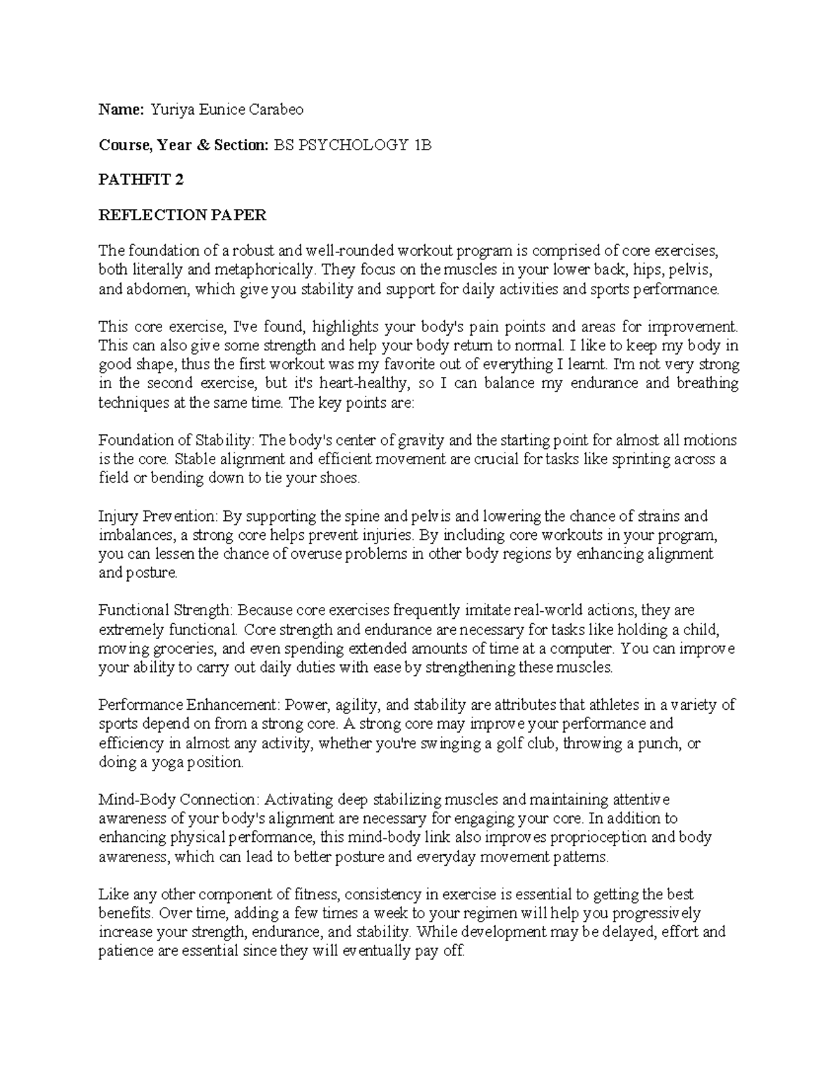 PATH FIT 2 Reflection - Name: Yuriya Eunice Carabeo Course, Year ...