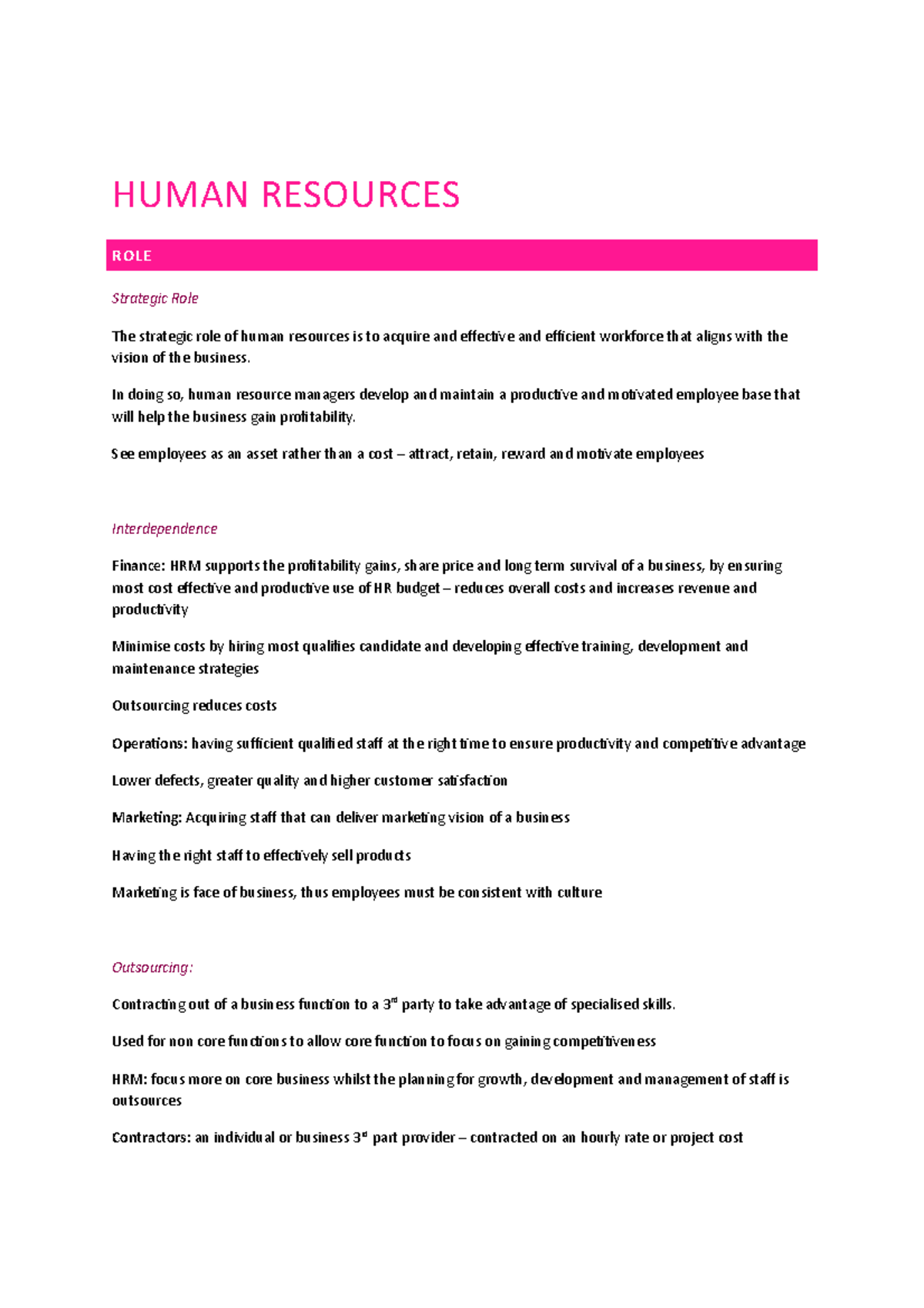 Human Resources Notes - HUMAN RESOURCES ROLE Strategic Role The ...