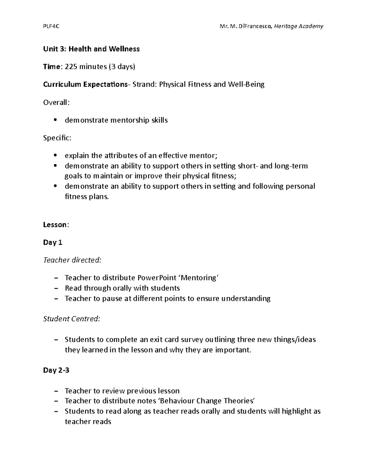 Lesson 1- Mentoring Notes - Unit 3: Health and Wellness Time: 225 ...