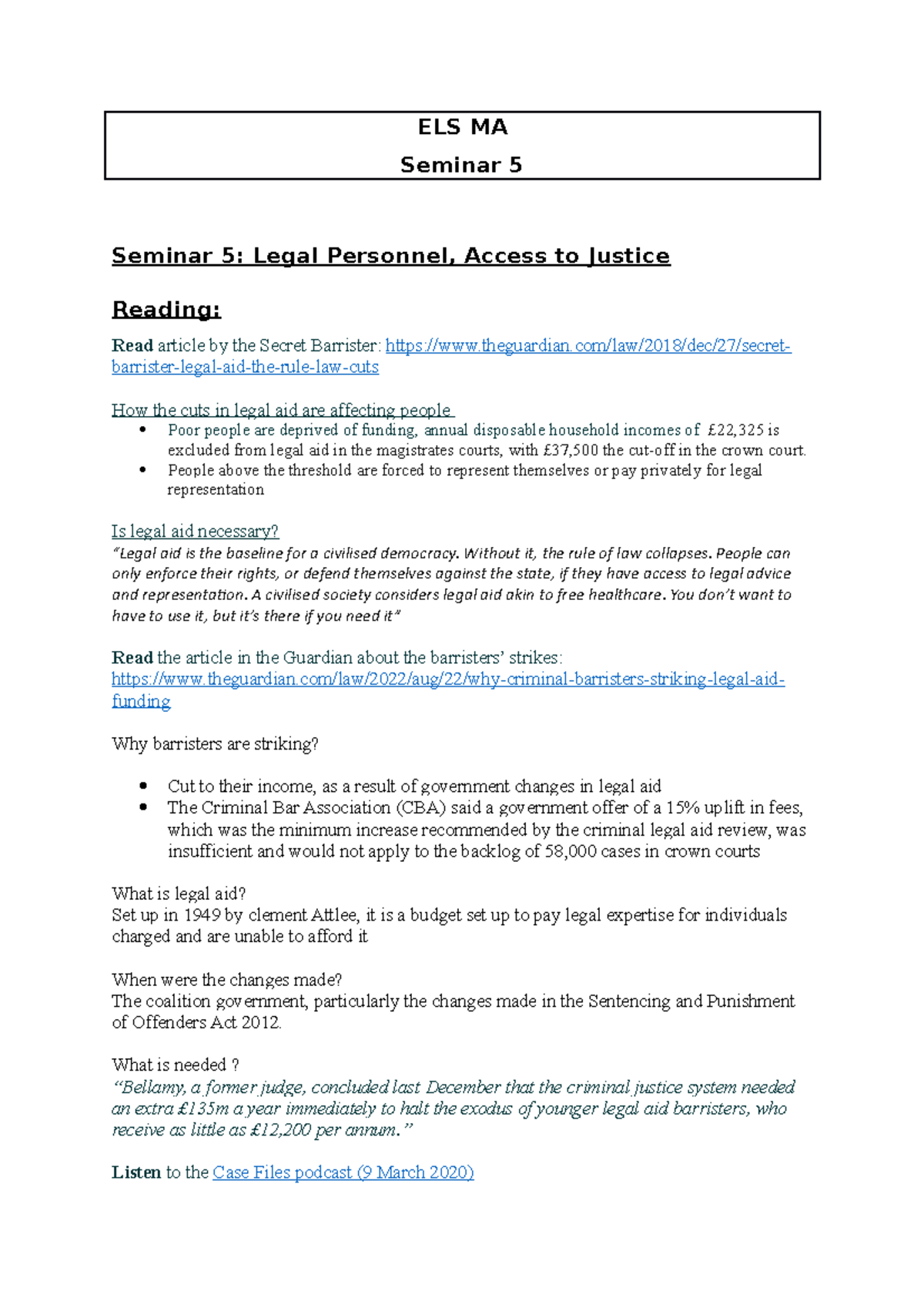 MA seminar 5 - Lecture notes for legal aid - ELS MA Seminar 5 Seminar 5 ...