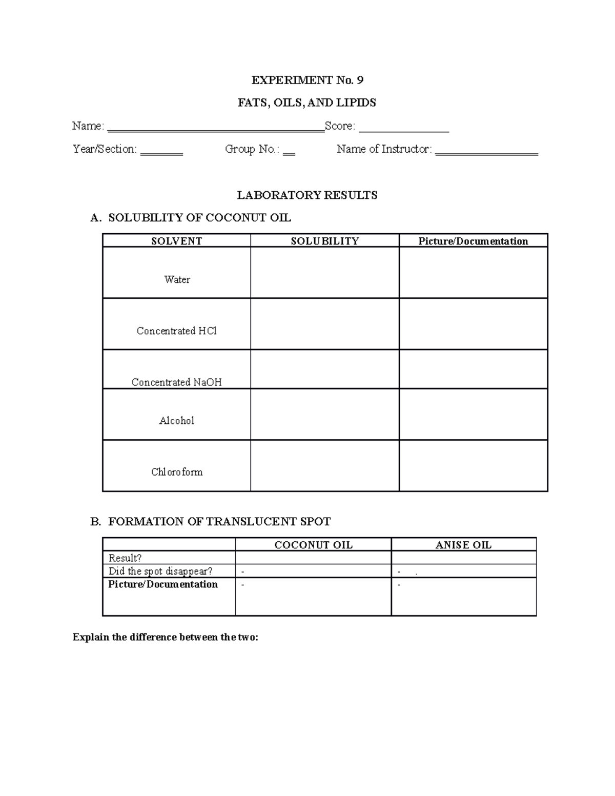 Fatsoils-AND- Lipids-Experiment-9 1 - EXPERIMENT No. 9 FATS, OILS, AND LIPIDS Name: - Studocu