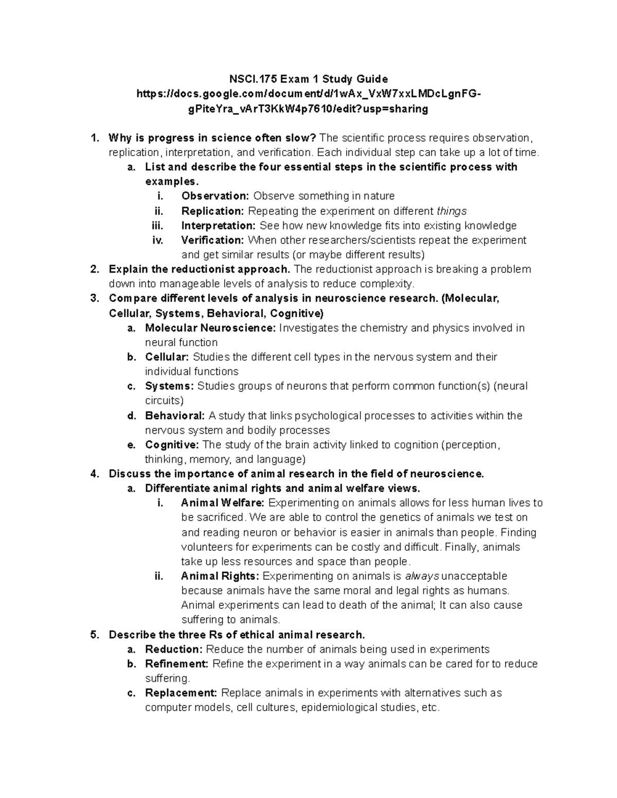NSCI 175 exam 1 study guide answers - NSCI Exam 1 Study Guide - Studocu