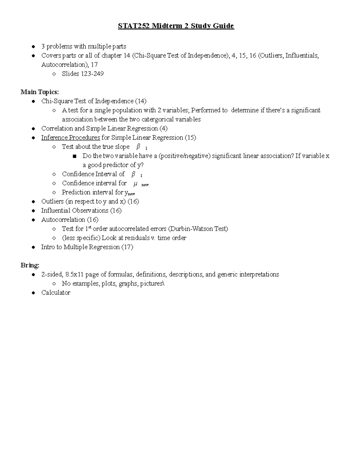 STAT252 Midterm 2 Study Guide - STAT252 Midterm 2 Study Guide 3 problems with multiple parts ...