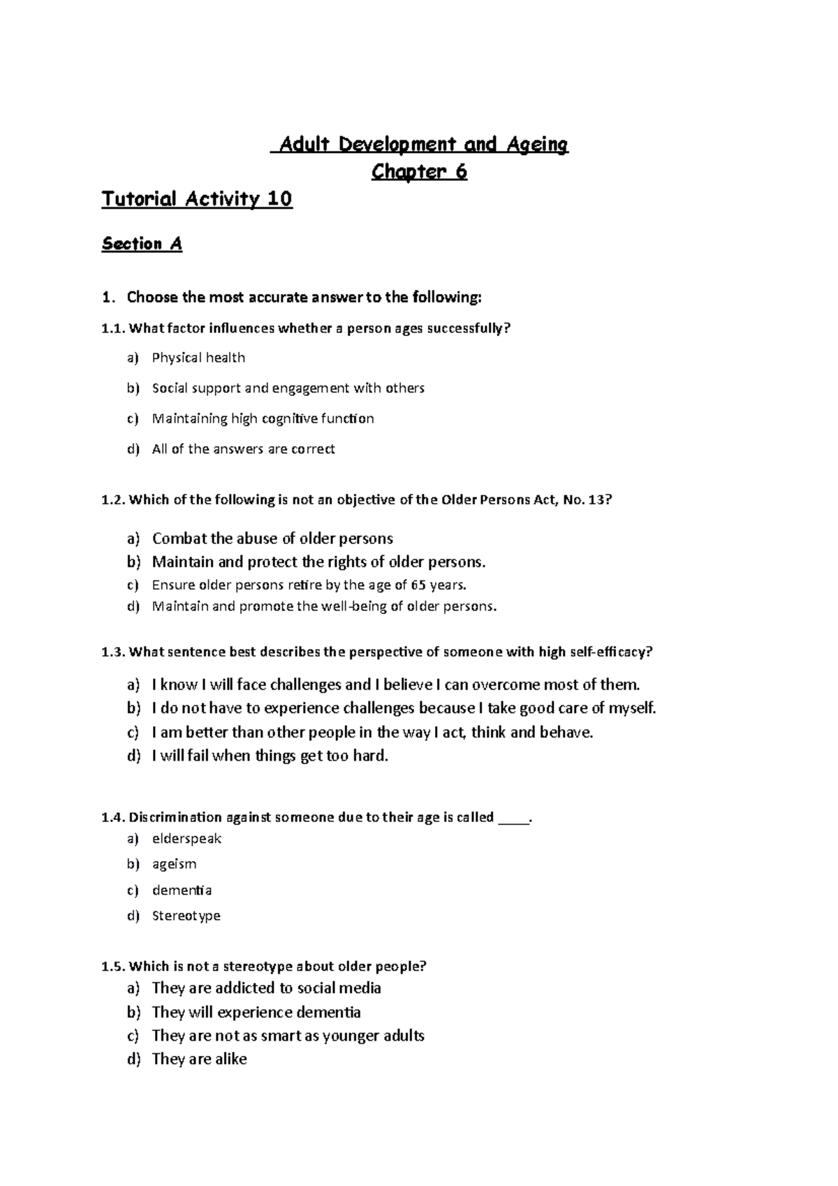 ADA - Chapter 6 (Tutorial Activity) - Adult Development and Ageing ...