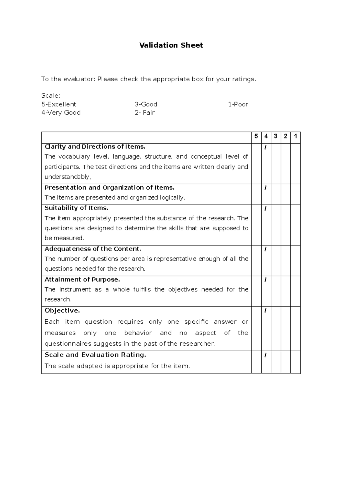 Validation sheet sample for Validation of Instrument - Validation Sheet ...