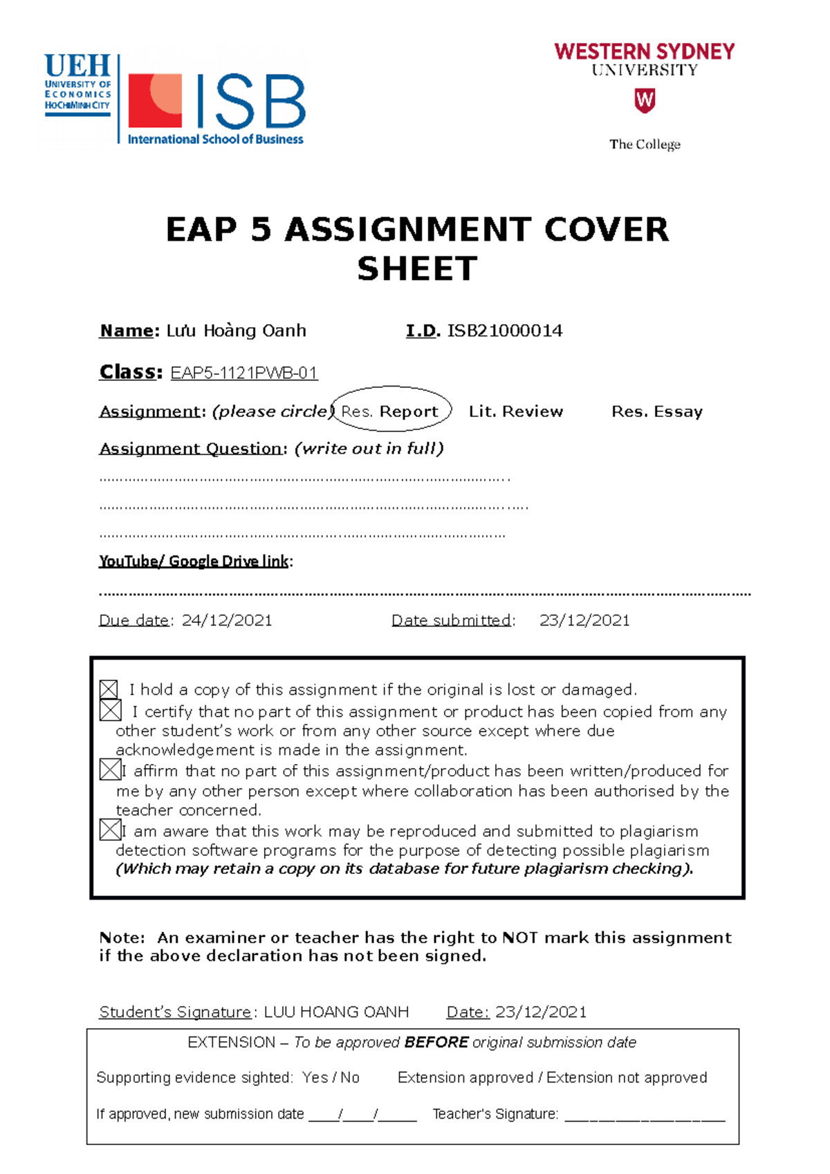 EAP5 Assignment cover sheet with UEH logo 07 - EAP 5 ASSIGNMENT COVER ...