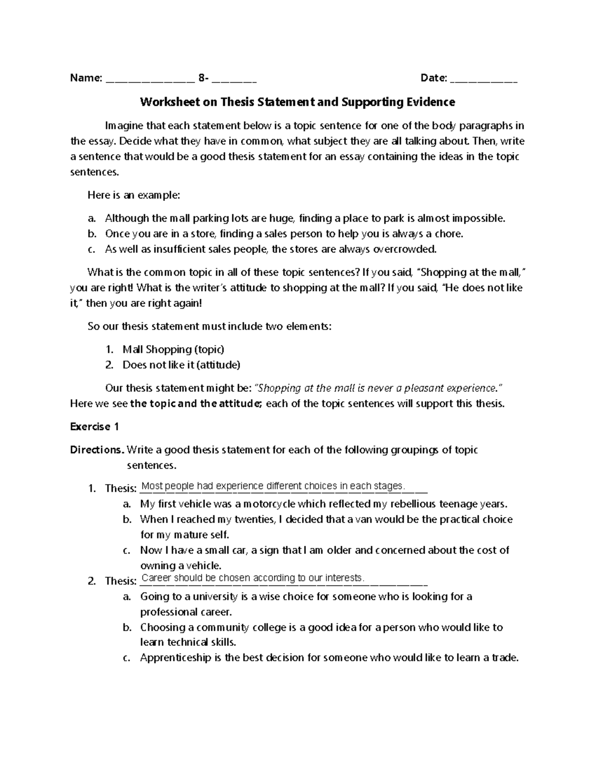 Worksheet-on-Thesis-Statement 8 - Name: ____________________ 8 ...