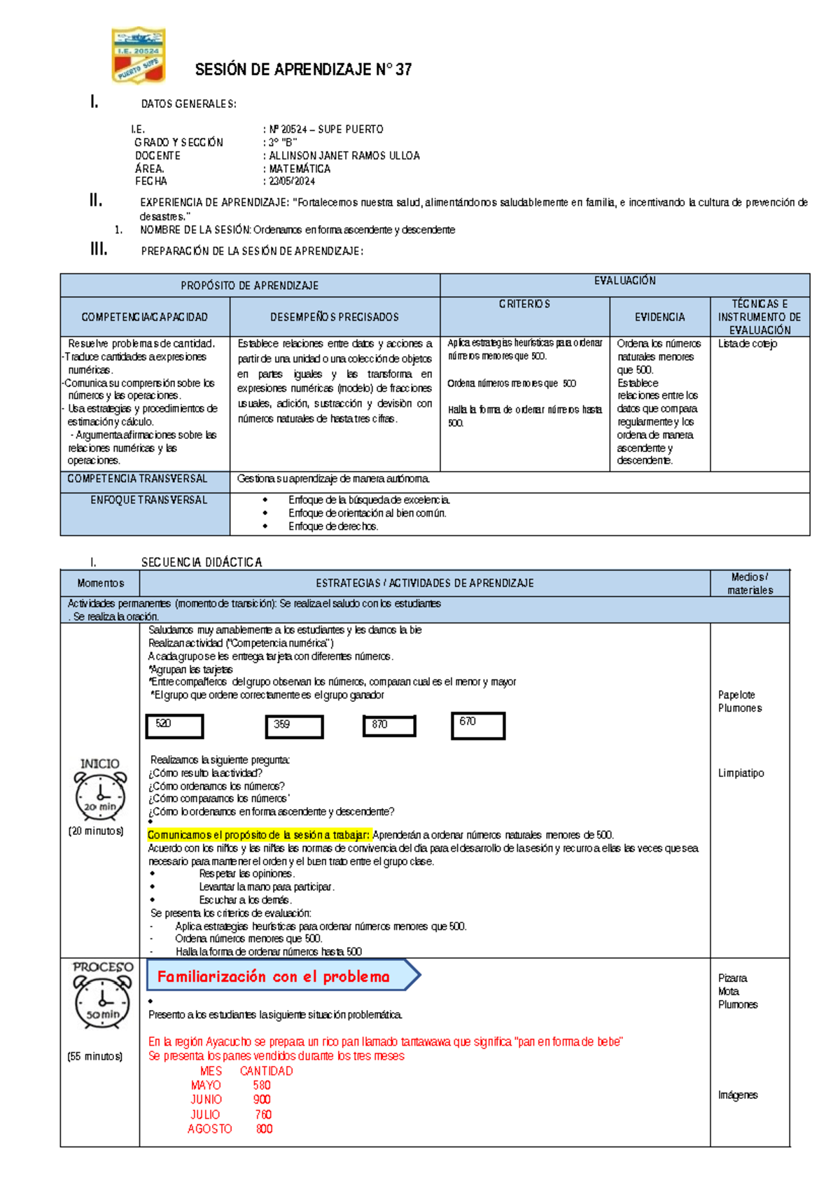 Sesion 37 Ordenamos EN Forma Ascendente Y Descendente 23-05-24 - SESIÓN DE APRENDIZAJE N° 37 I ...