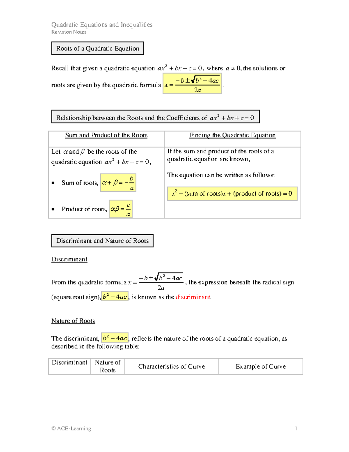 ACE-Learning Notes (SA1) - Quadratic Equations and Inequalities ...