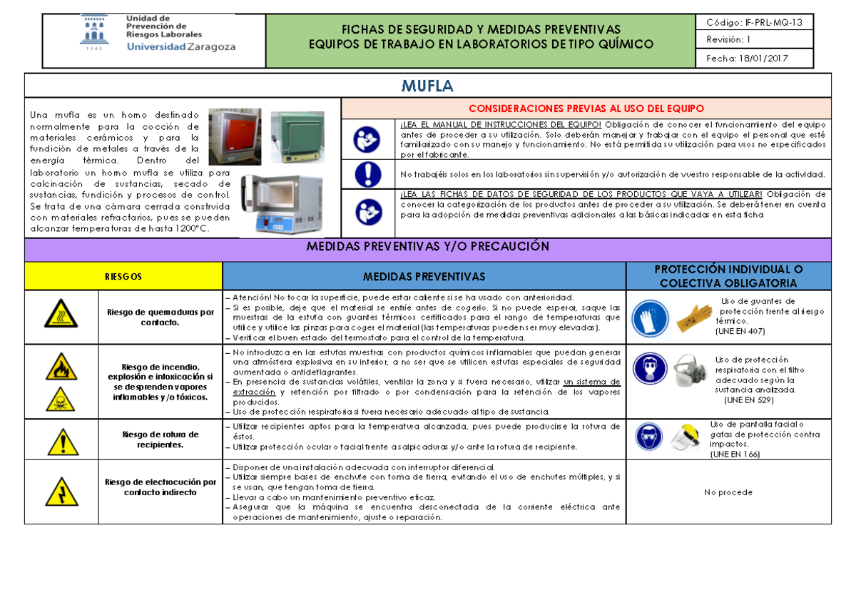 Mufla - FICHAS DE SEGURIDAD Y MEDIDAS PREVENTIVAS EQUIPOS DE TRABAJO EN ...