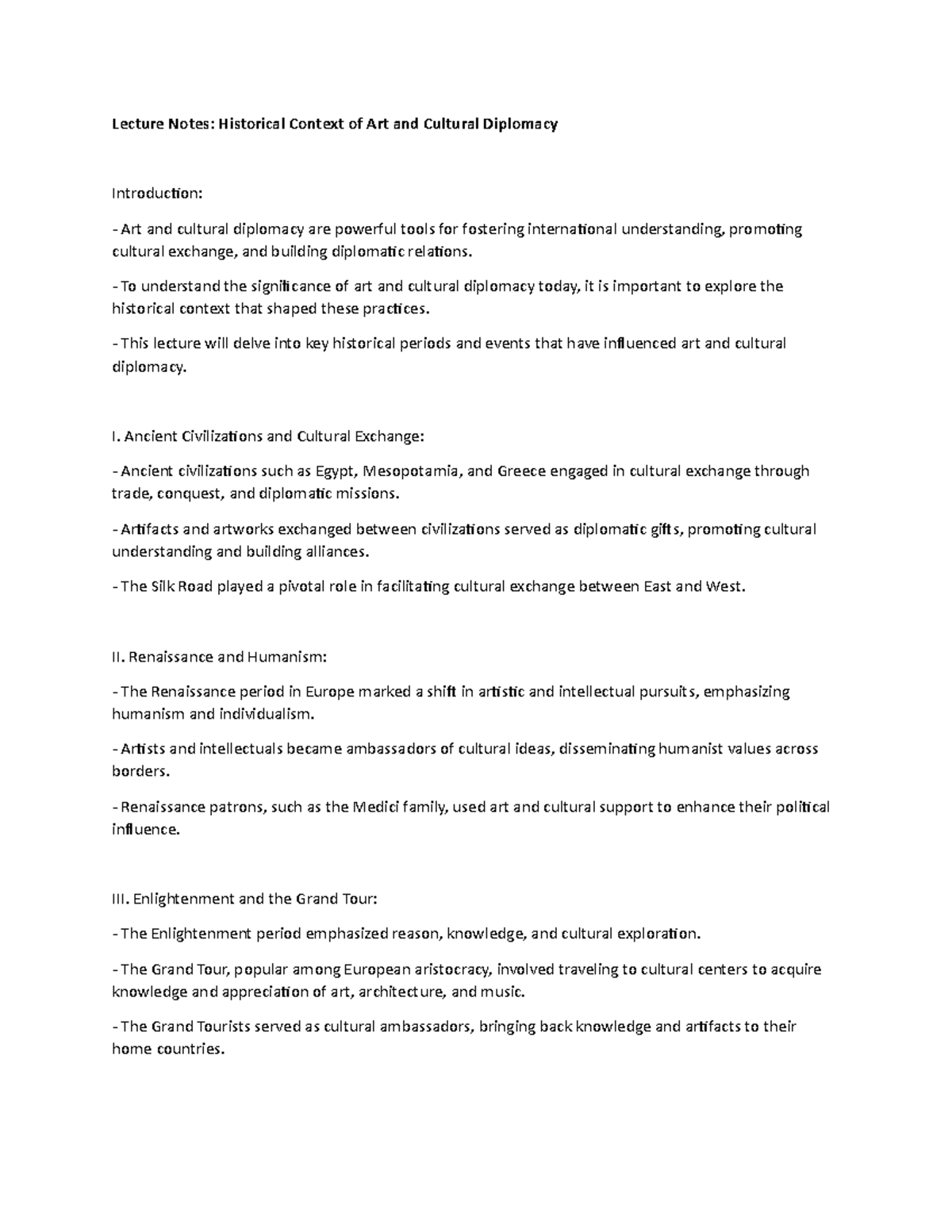 Lecture Notes: Historical Context of Art and Cultural Diplomacy ...