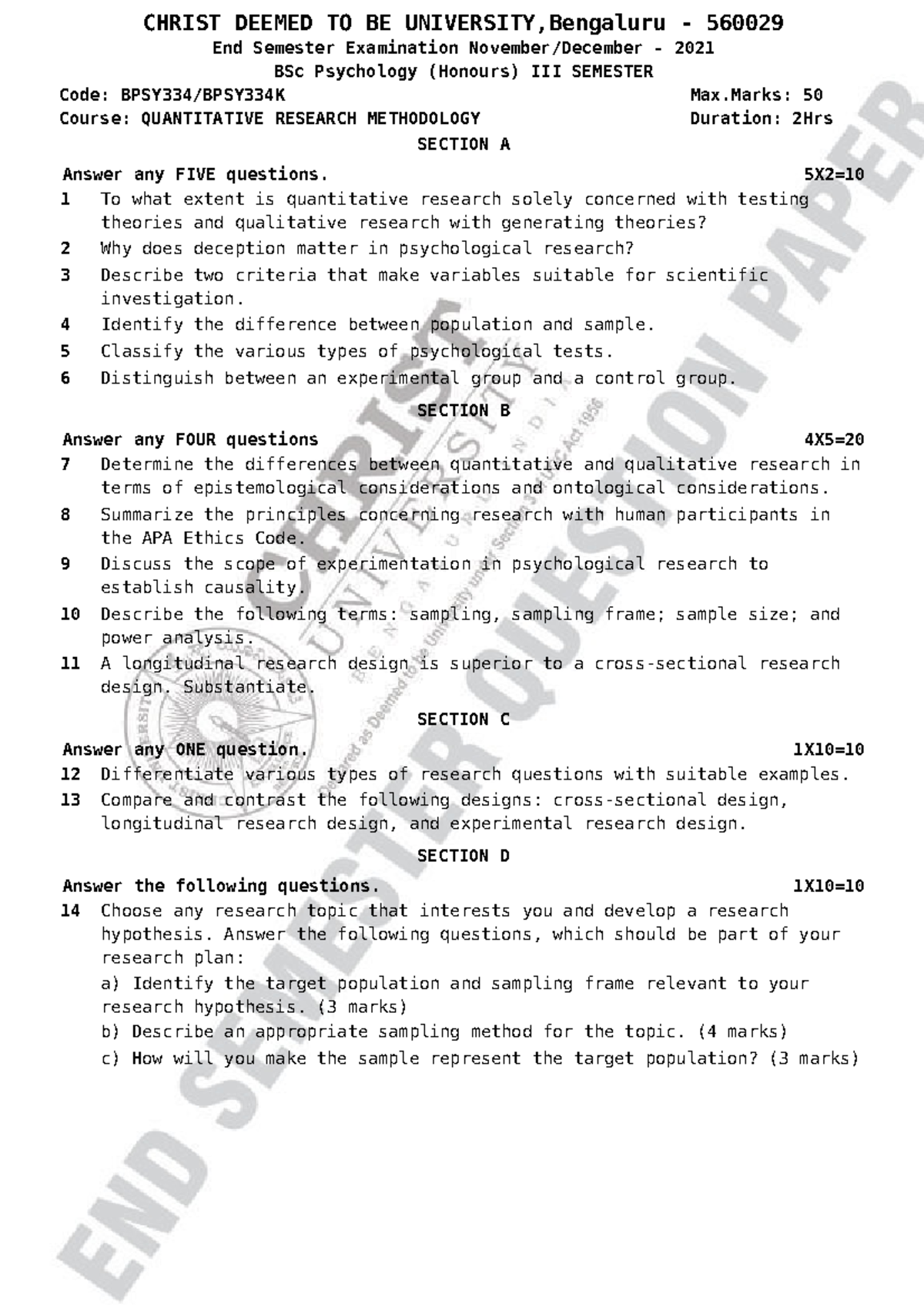 BPSY334 - Question Papers - CHRIST DEEMED TO BE UNIVERSITY,Bengaluru ...