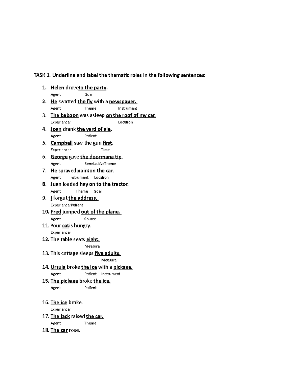 EL 221 - Semantics - Thematic Roles - TASK 1. Underline and label the ...
