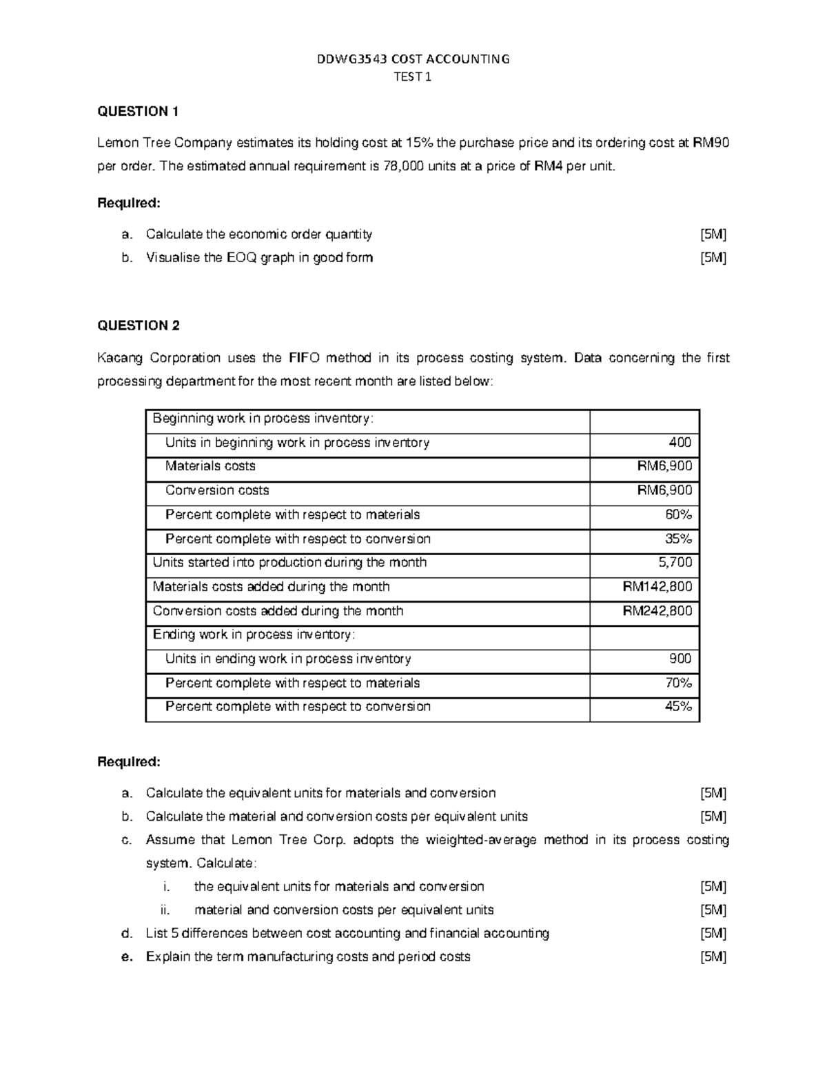 Test Question Cost Accounting - Technology Management Accounting - UTM ...