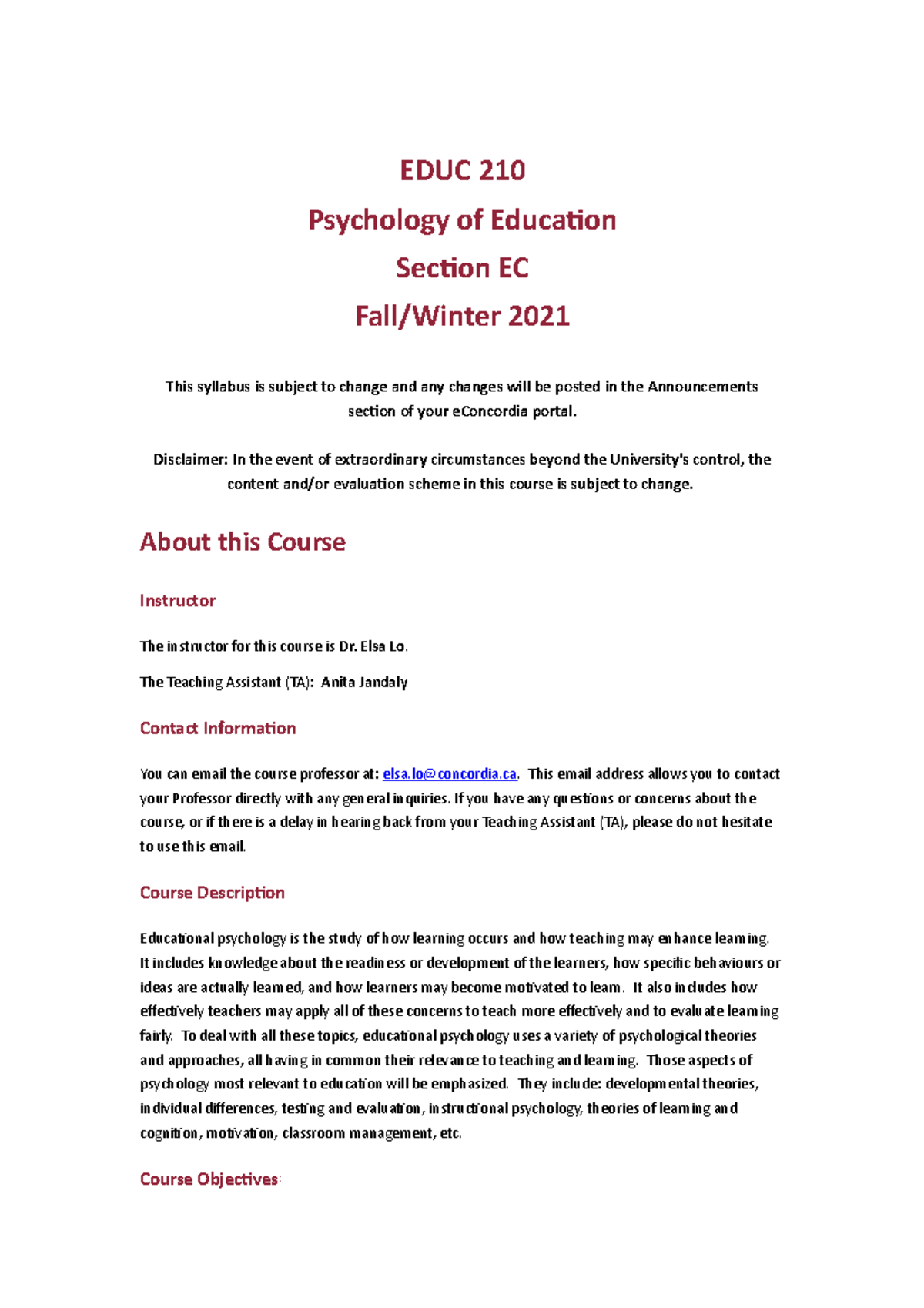 EDUC 210 course outline - EDUC 210 Psychology of Education Section EC ...