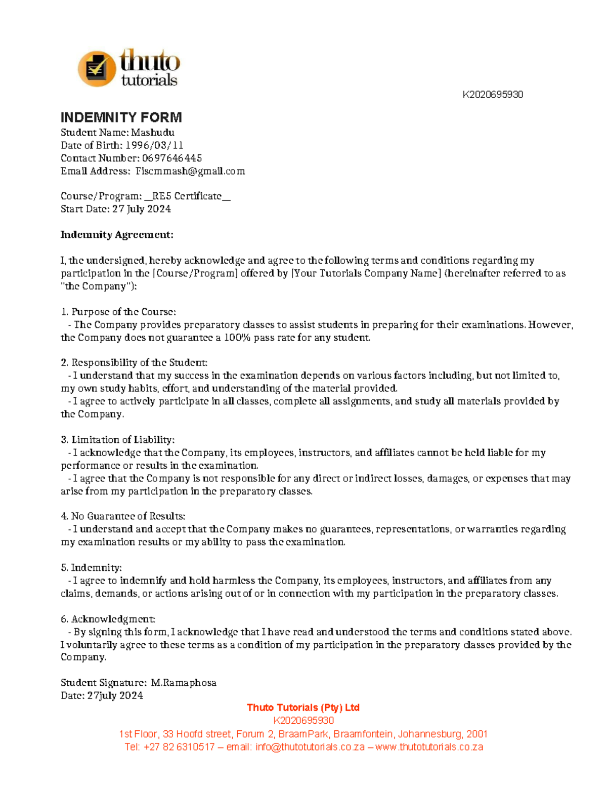 Indemnity FORM Signed - Foagwuegehsfjsys8d - K INDEMNITY FORM Student ...