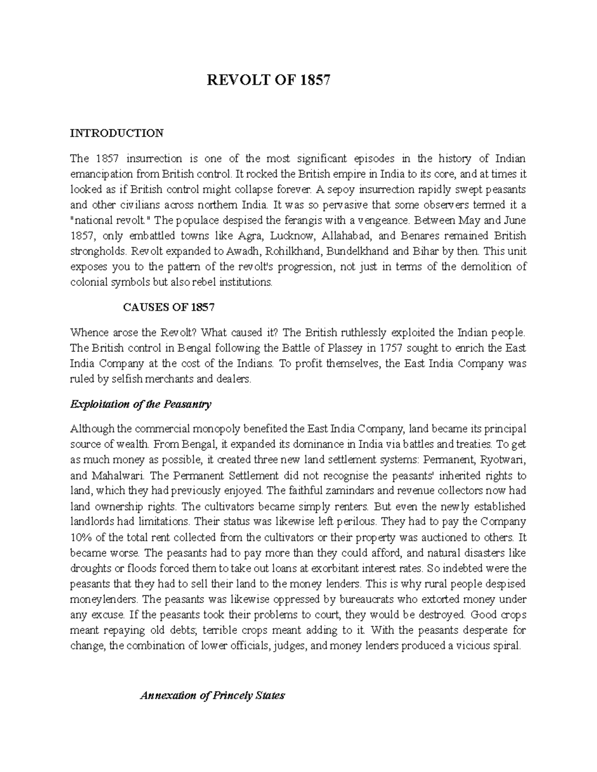 Revolt OF 1857 - Lecture notes 6 - REVOLT OF 1857 INTRODUCTION The 1857 ...