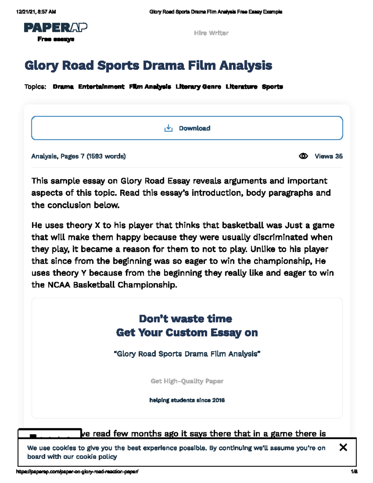 Glory road - movie essays - Bachelor of Science in Agricultural and ...