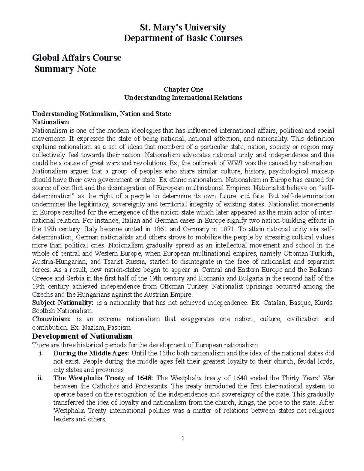 Global Affairs Summary Note - St. Mary's University Department of Basic ...
