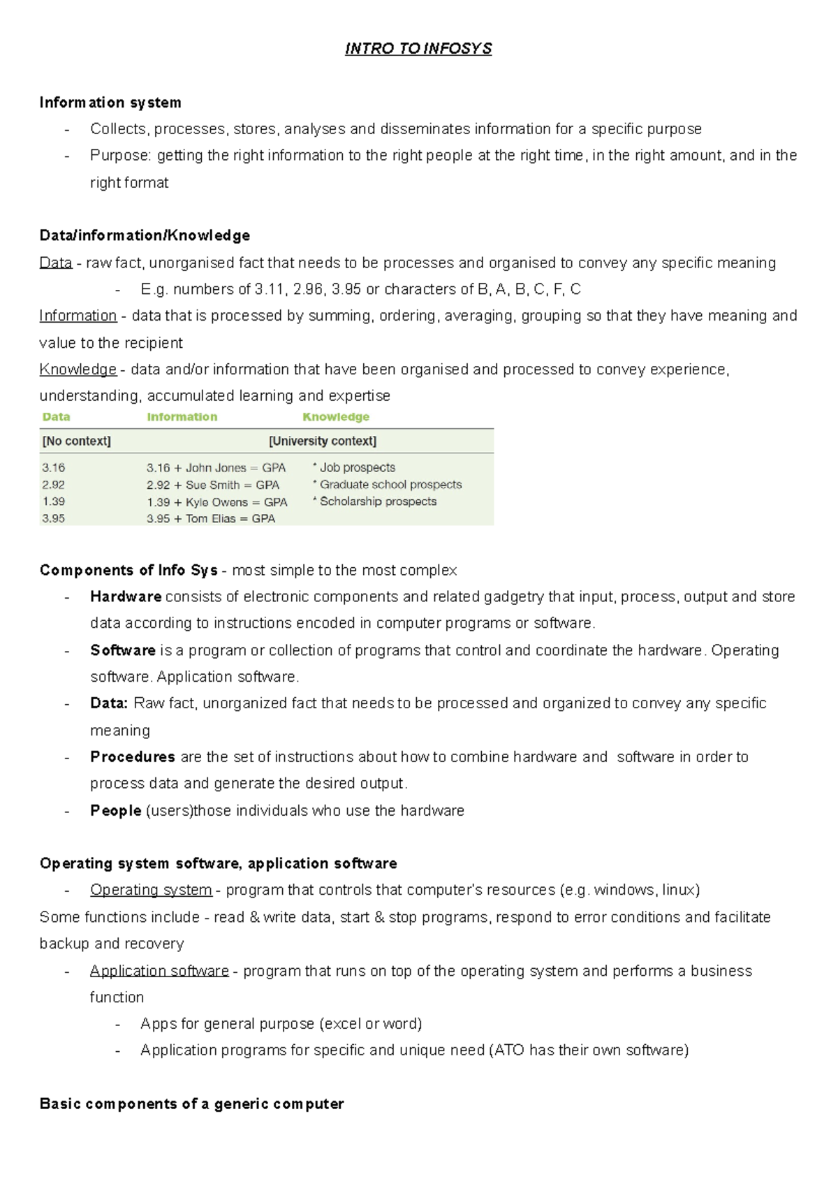 Intro To Info Systems Lecture Notes Intro To Infosys Information System Collects
