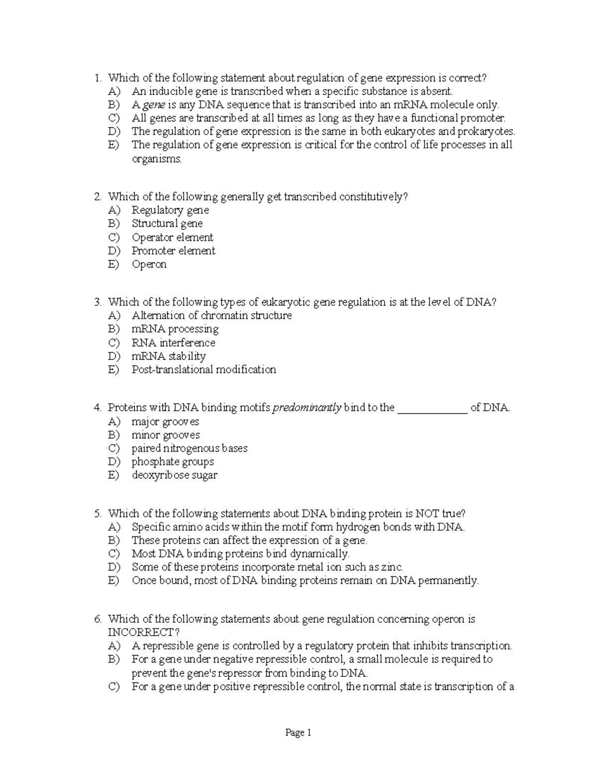 HW 5a - Homework assignment - 1. Which of the following statement about regulation of gene - Studocu