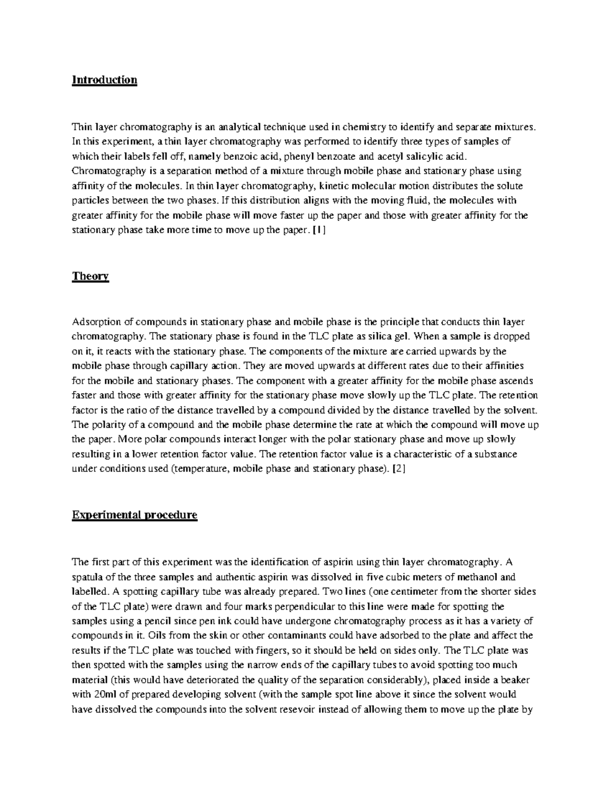 Document 1 - TLC lab report - Introduction Thin layer chromatography is ...